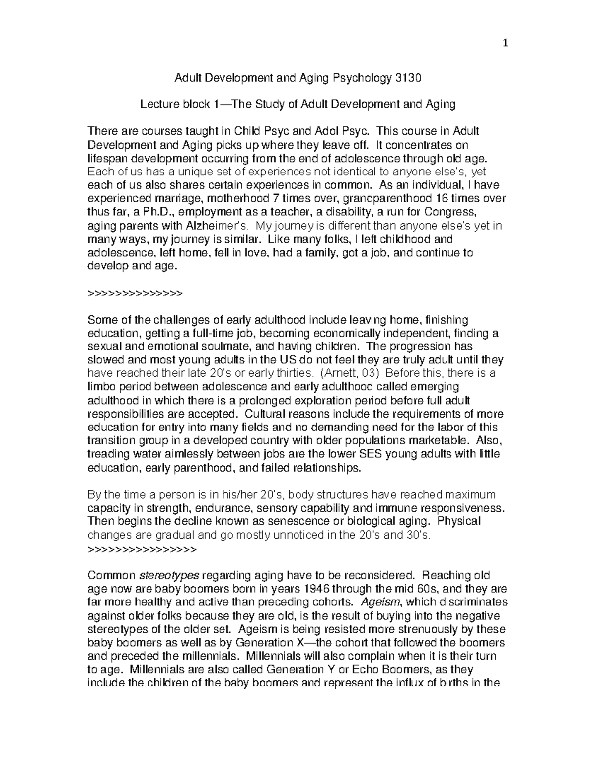 3130 Lect Bl 1 Study of Adult Dev Aging - Adult Development and Aging Psychology 3130 Lecture ...