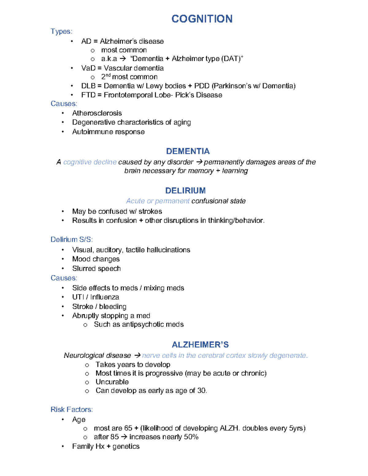 Dementia study guide - COGNITION Types: • AD = Alzheimer’s disease o ...