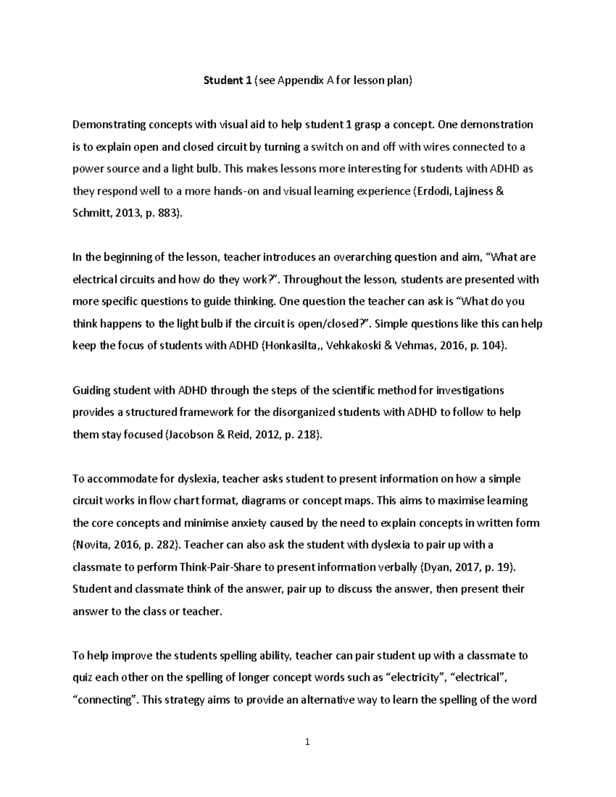 Inclusive Education task 1 - Student 1 (see Appendix A for lesson plan ...