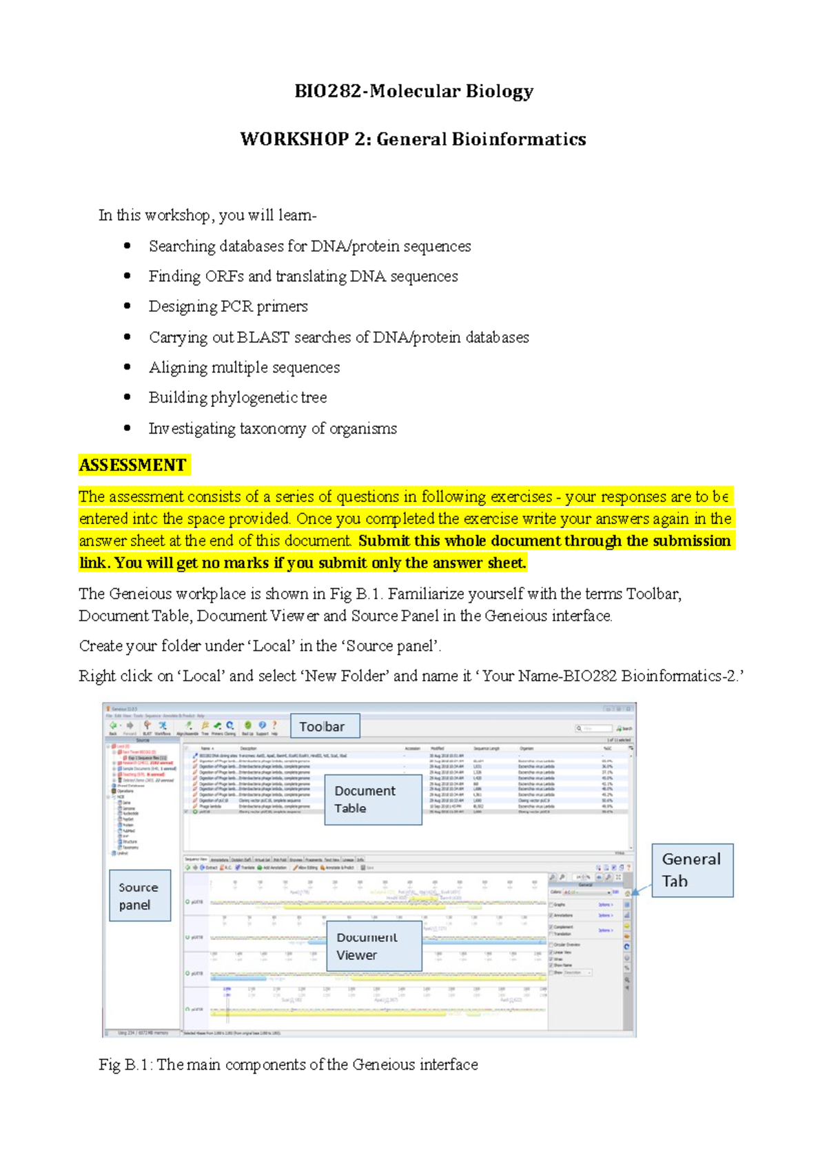 BIOinformatics class 2 - BIO282-Molecular Biology WORKSHOP 2: General ...