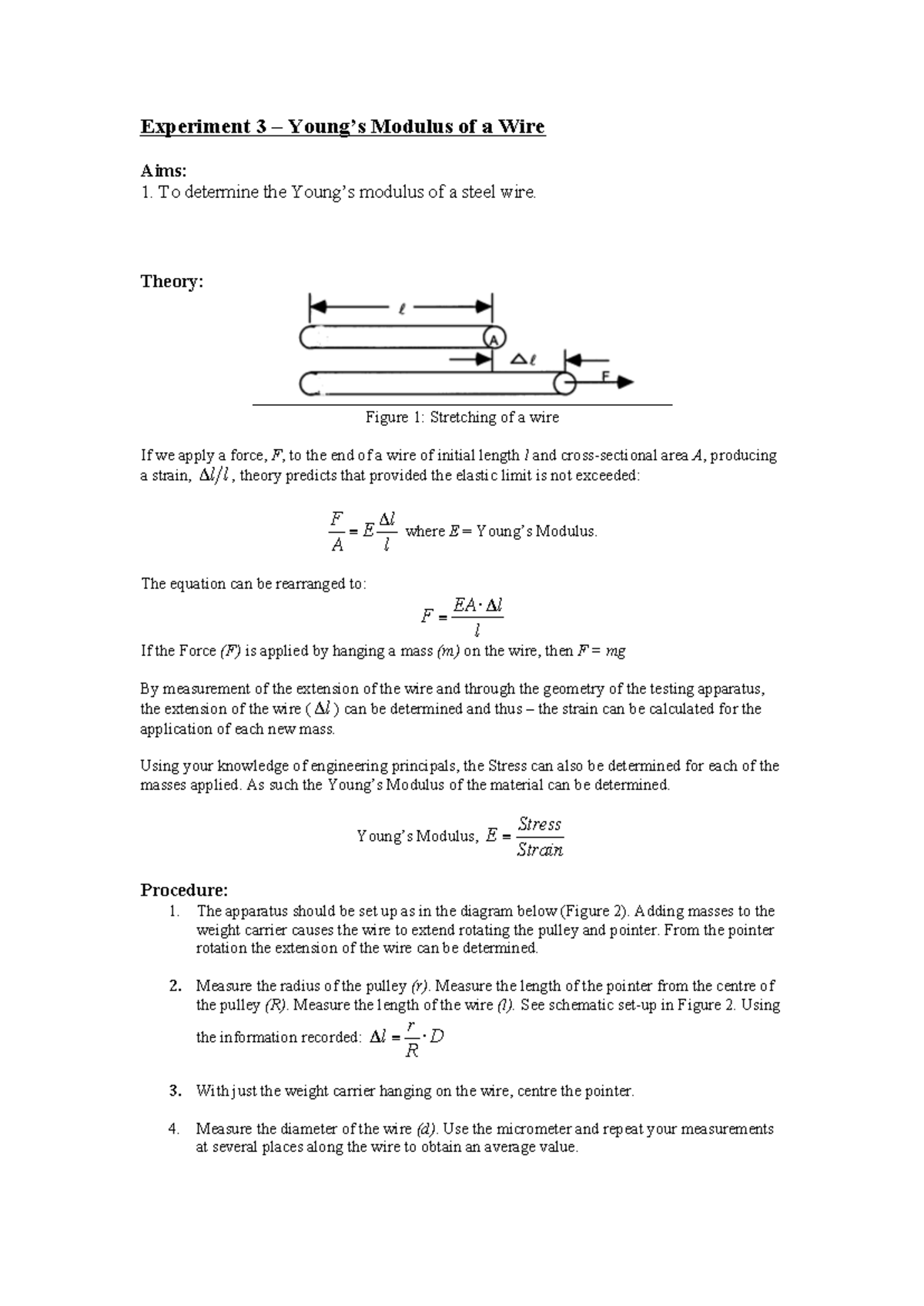 Experiment 3 – Young's Modulus of a Wire - Experiment 3 – Young’s ...