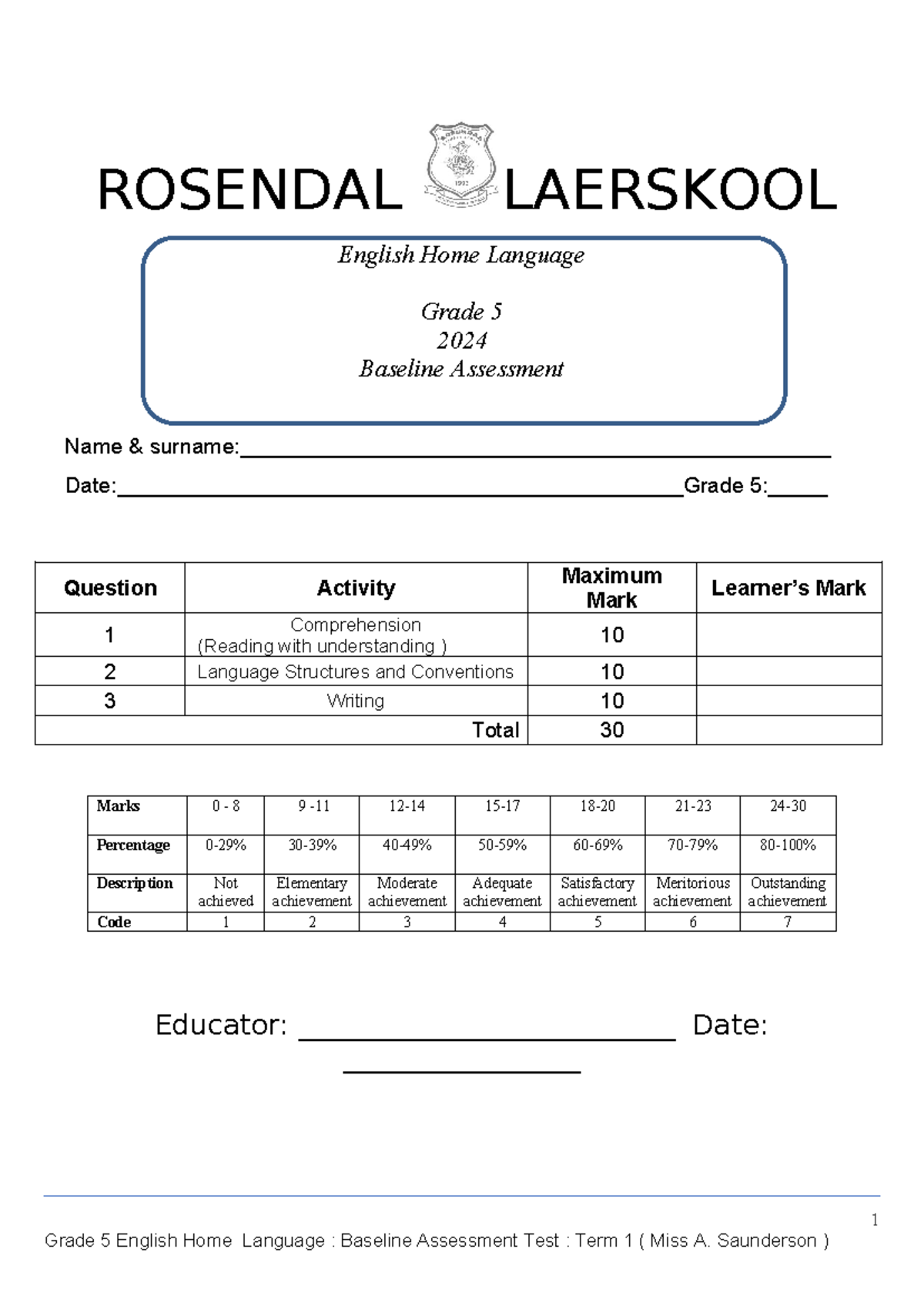 English Baseline Assessment 2024 - ROSENDAL LAERSKOOL English Home ...