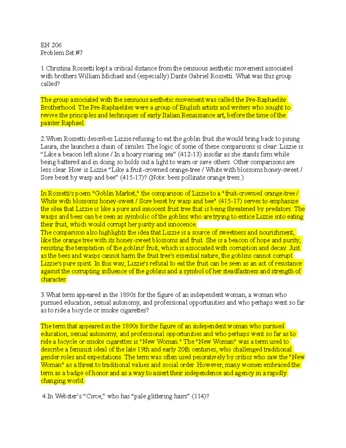 Problem set 7 (correct) en 206 - EN 206 Problem Set # 1 Rossetti kept a critical distance from ...