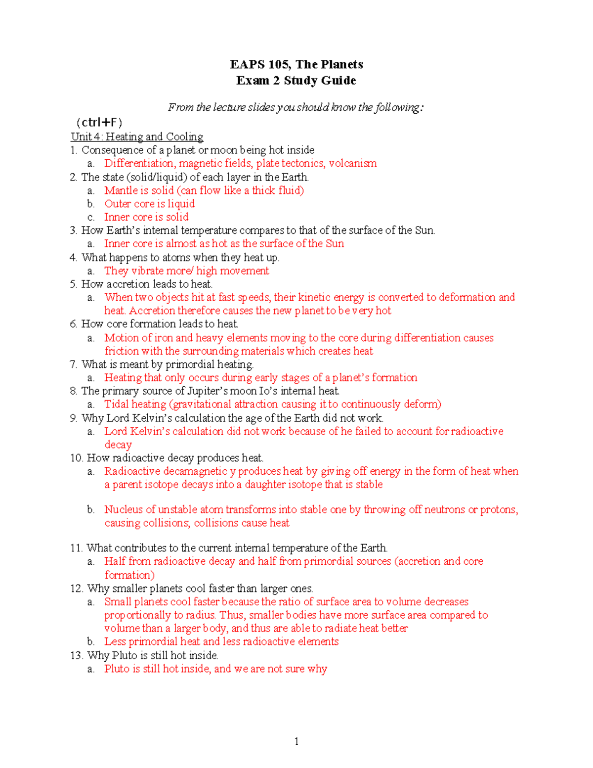 Exam 2 Study Guide - none - EAPS 105, The Planets Exam 2 Study Guide ...