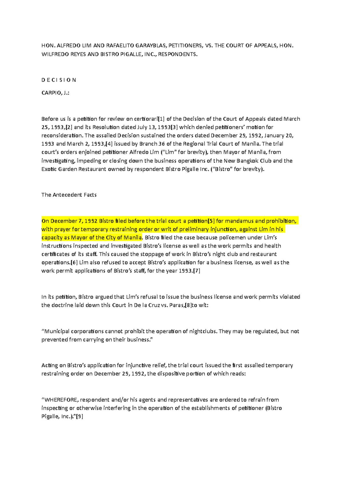 Mayor Lim of manila vs bistro - HON. ALFREDO LIM AND RAFAELITO ...