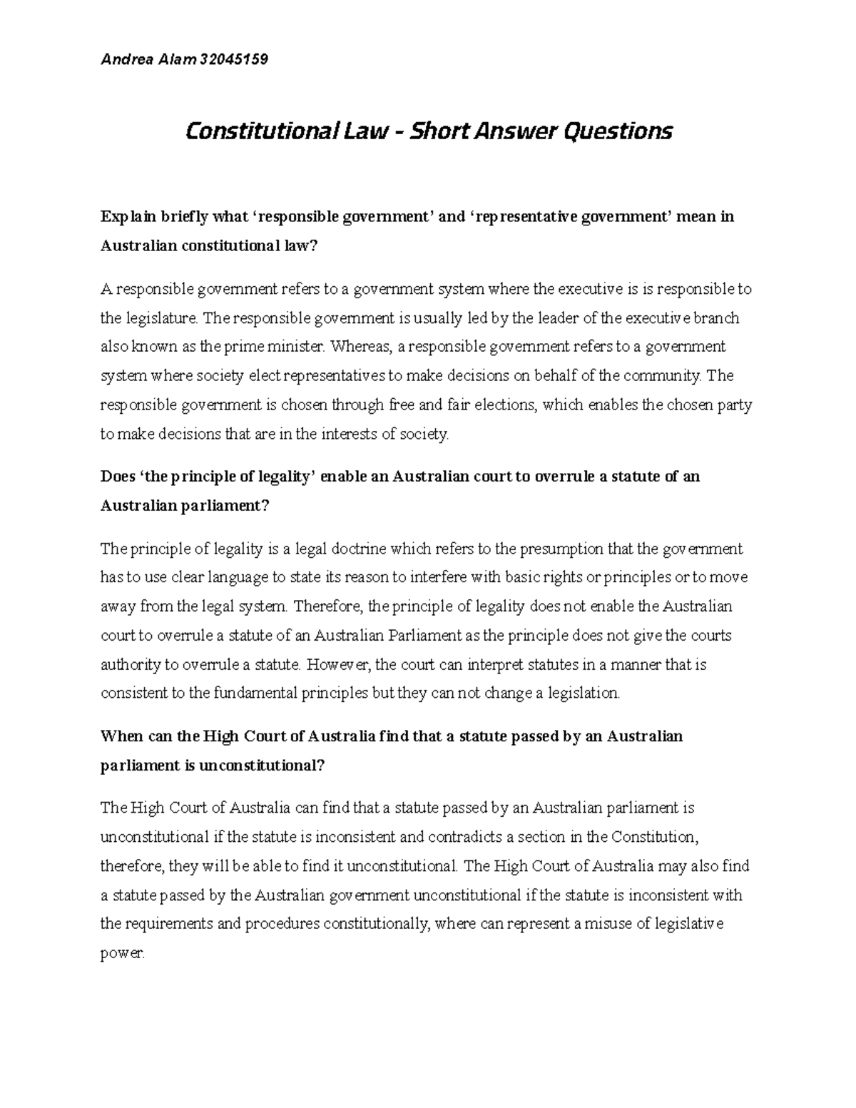 Constitutional Law - first assessment - Constitutional Law - Short ...