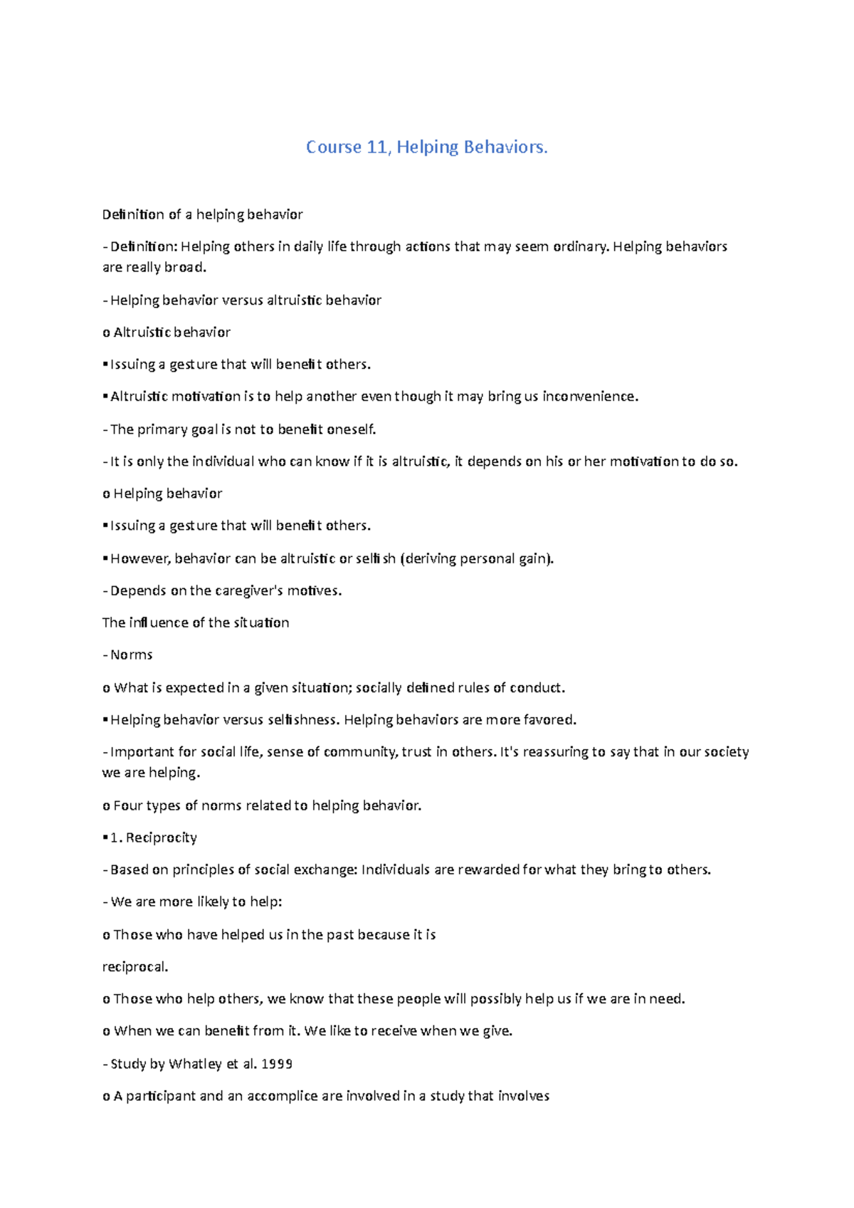 Course 11 - Course 11, Helping Behaviors. Definition of a helping ...