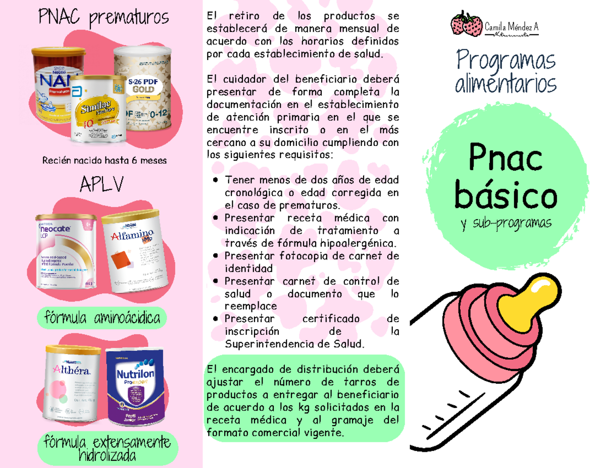 Triptico Programas alimentarios - PNAC prematuros APLV fórmula aminoácidica Tener menos de dos ...