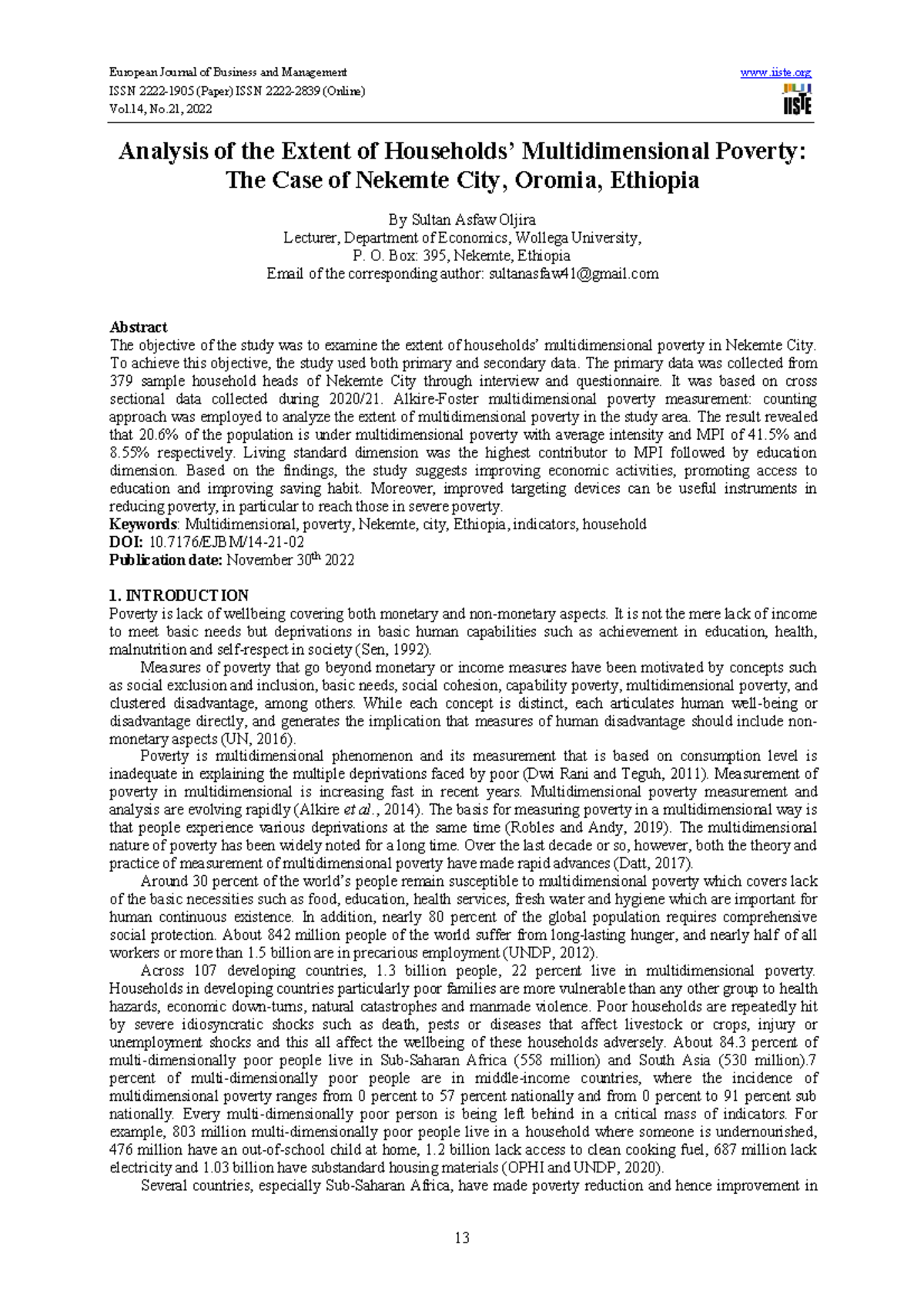 Analysis of the Extent of Households Multidimensional Poverty The Case ...