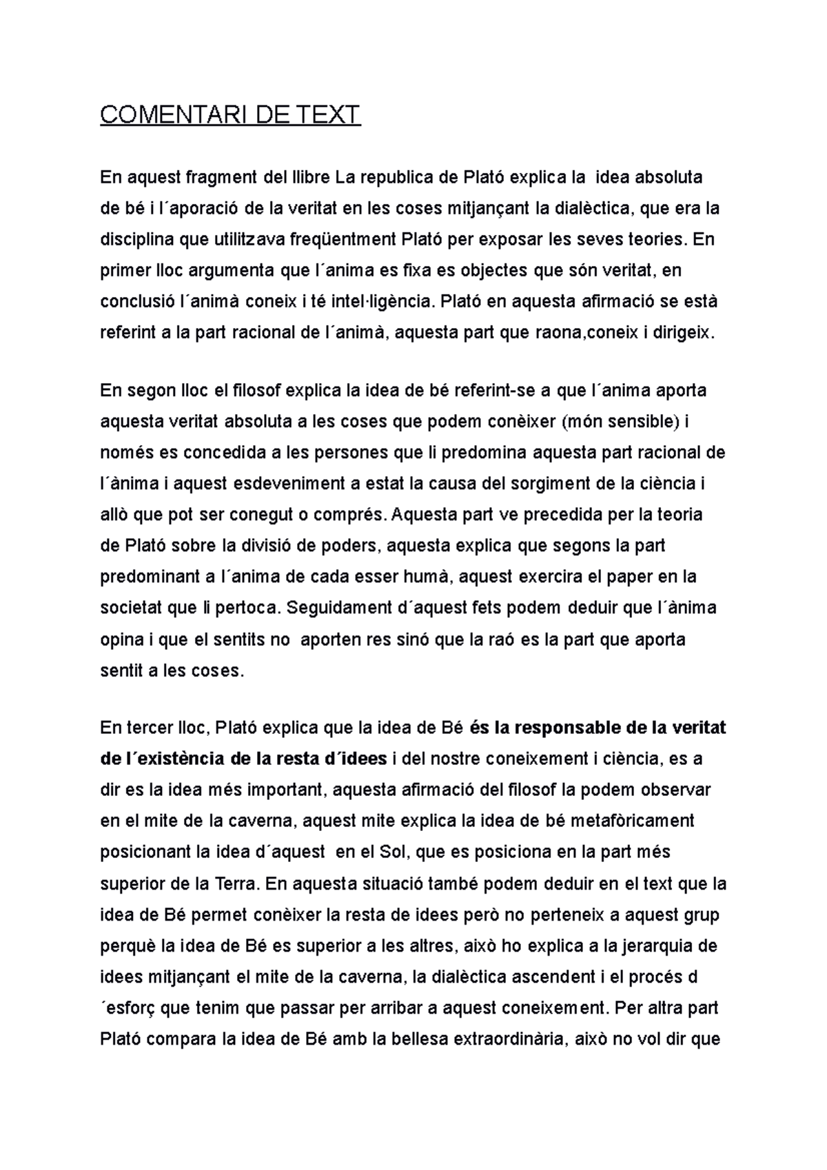 Comentari de text Plató - COMENTARI DE TEXT En aquest fragment del ...