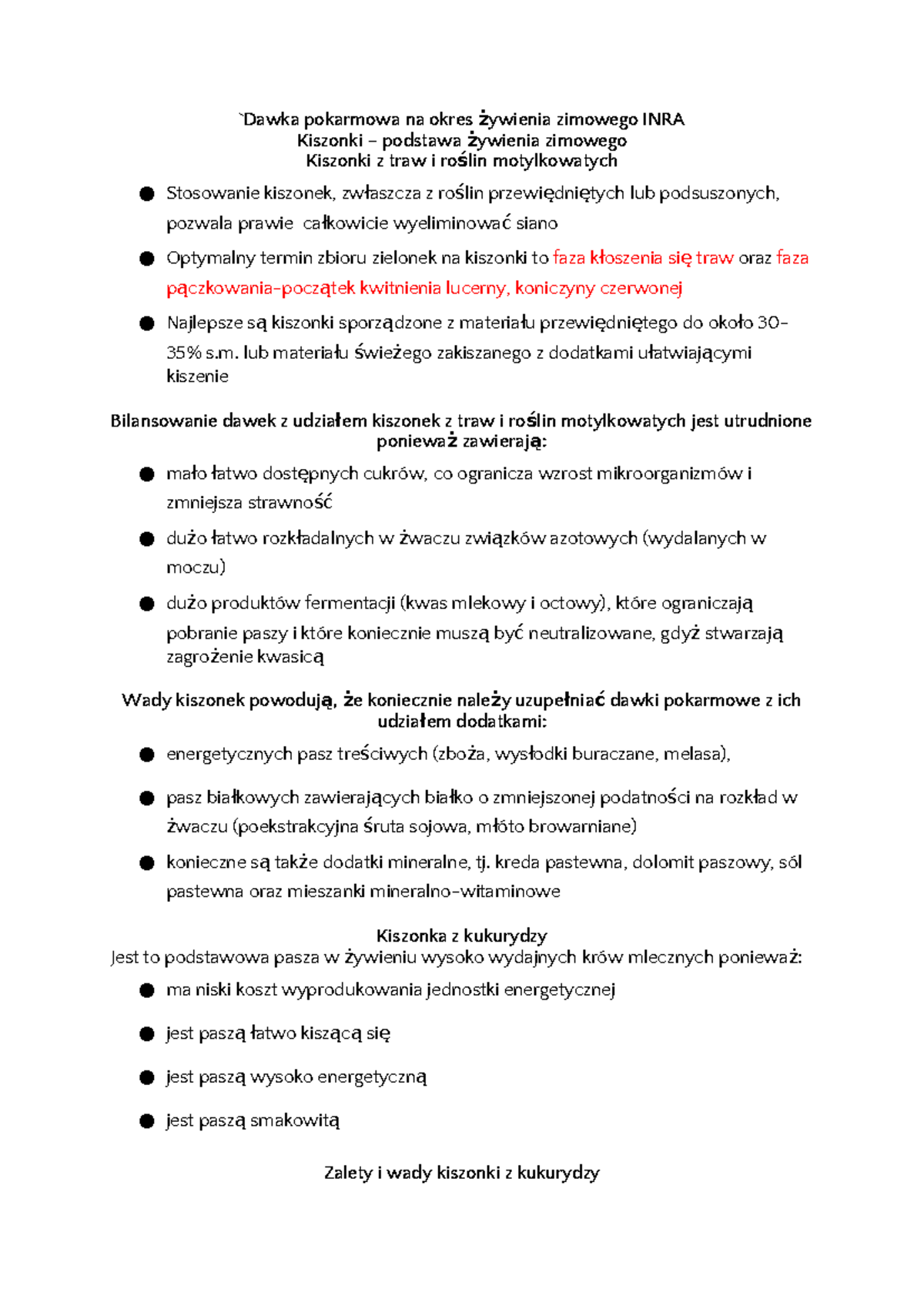 ćwiczenia 2 - `Dawka pokarmowa na okres żywienia zimowego INRA Kiszonki ...