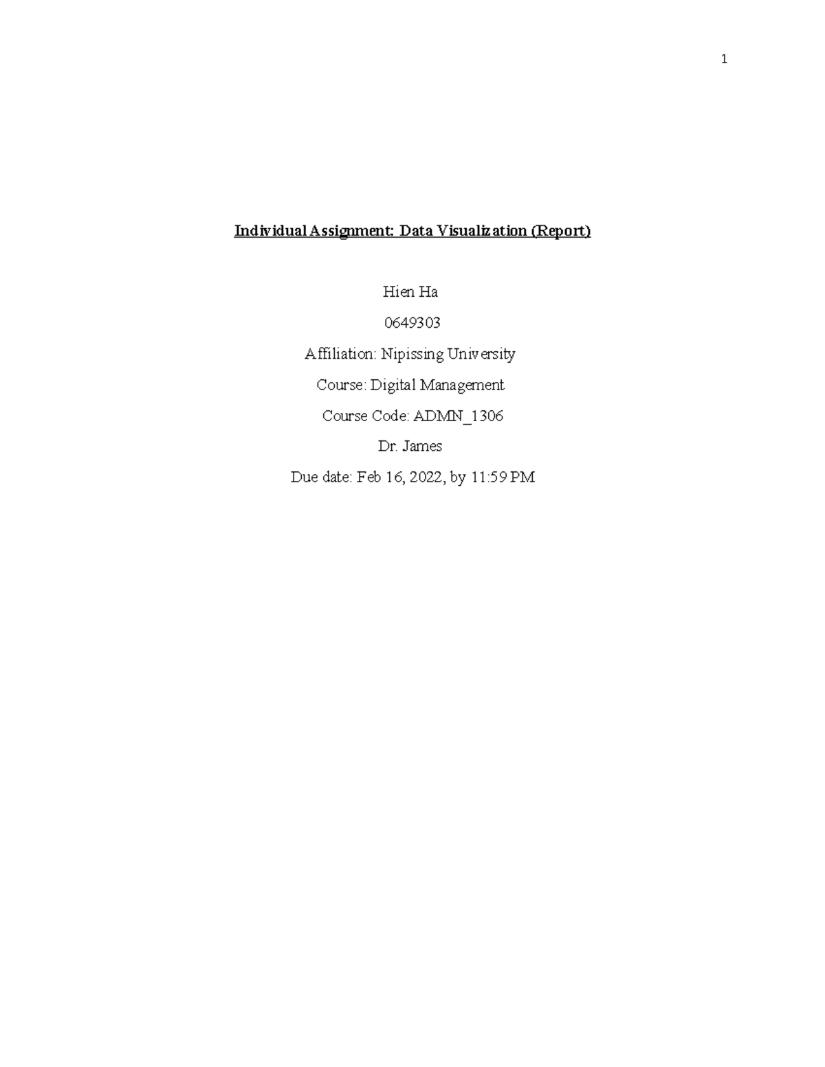 Individual Assignment 1 Report - ADMN 1306 - Nipissing - Studocu