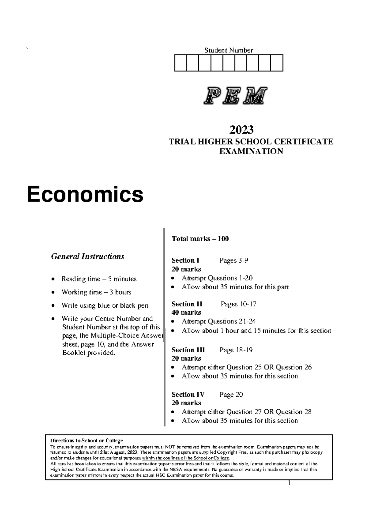 Practice Paper 3 - PEM - 1 ` Student Number Economics General ...