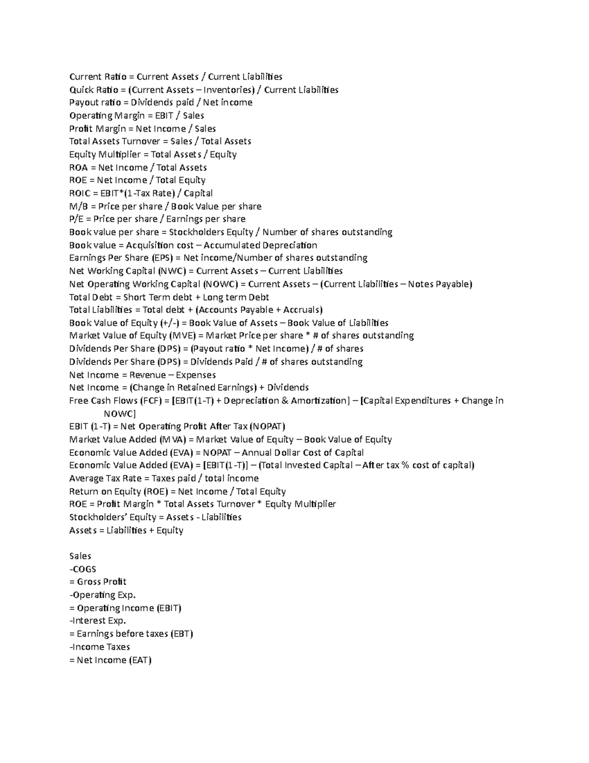 Exam 1 Formula Sheet - Current Ratio = Current Assets / Current ...