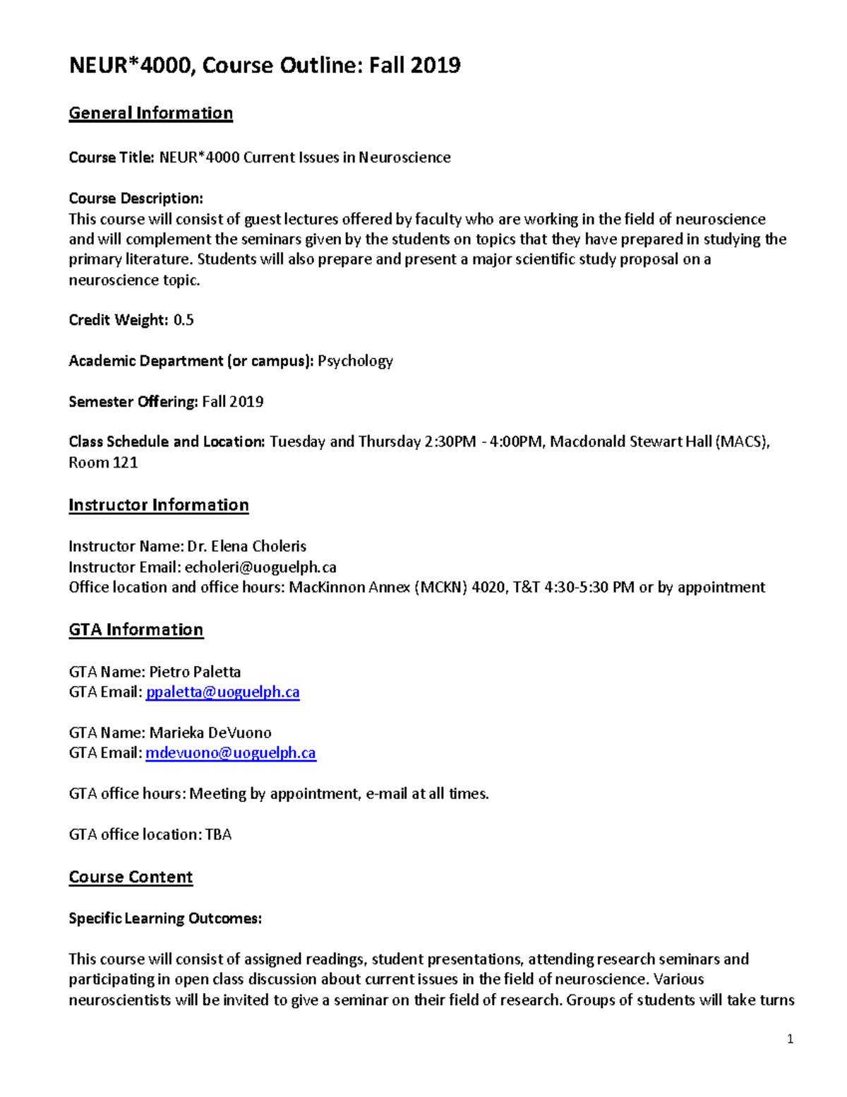 NEUR 4000 F19 Course Outline - NEUR*4000, Course Outline: Fall 2019 ...