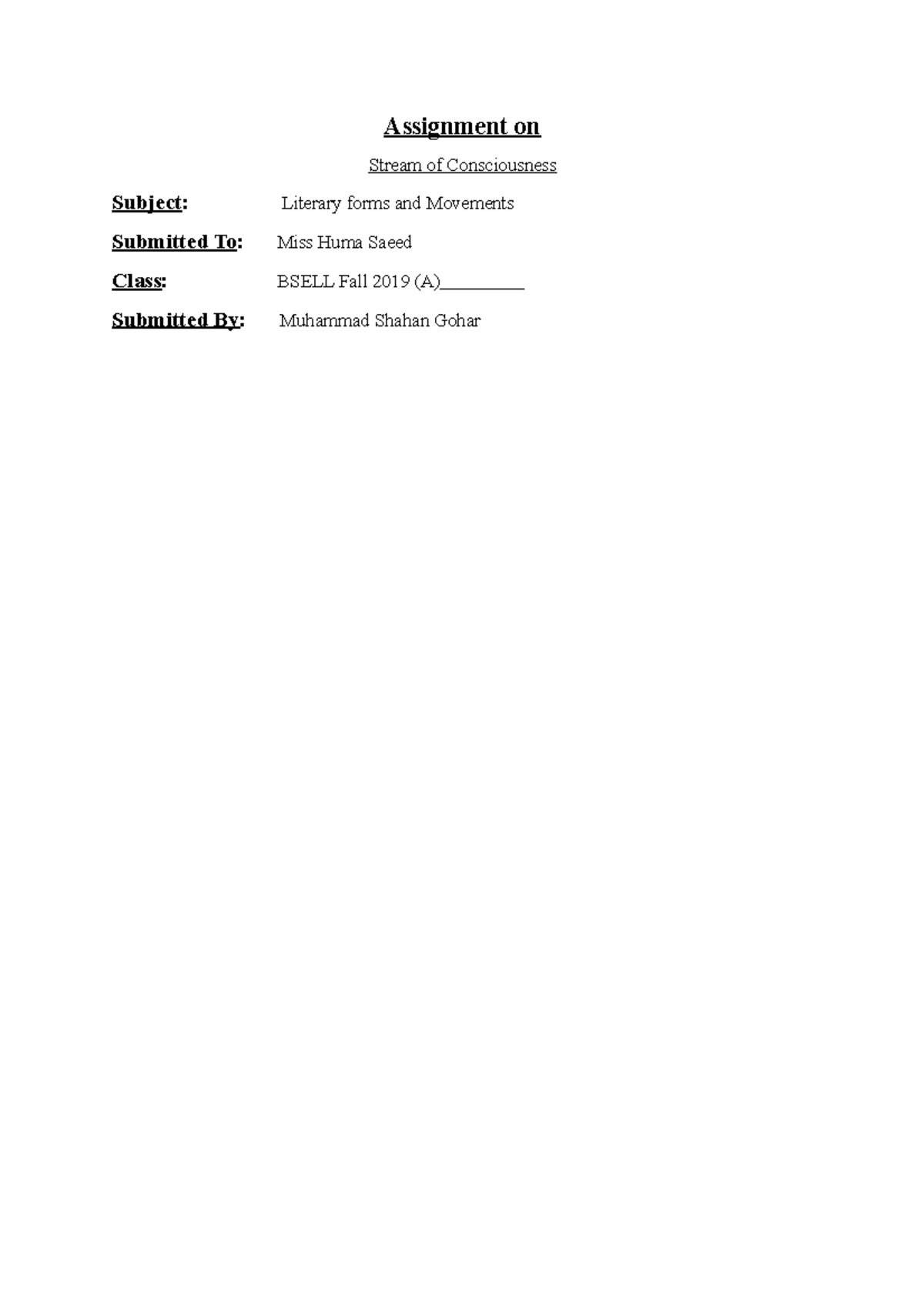 Stream of Consciousness - Assignment on Stream of Consciousness Subject ...