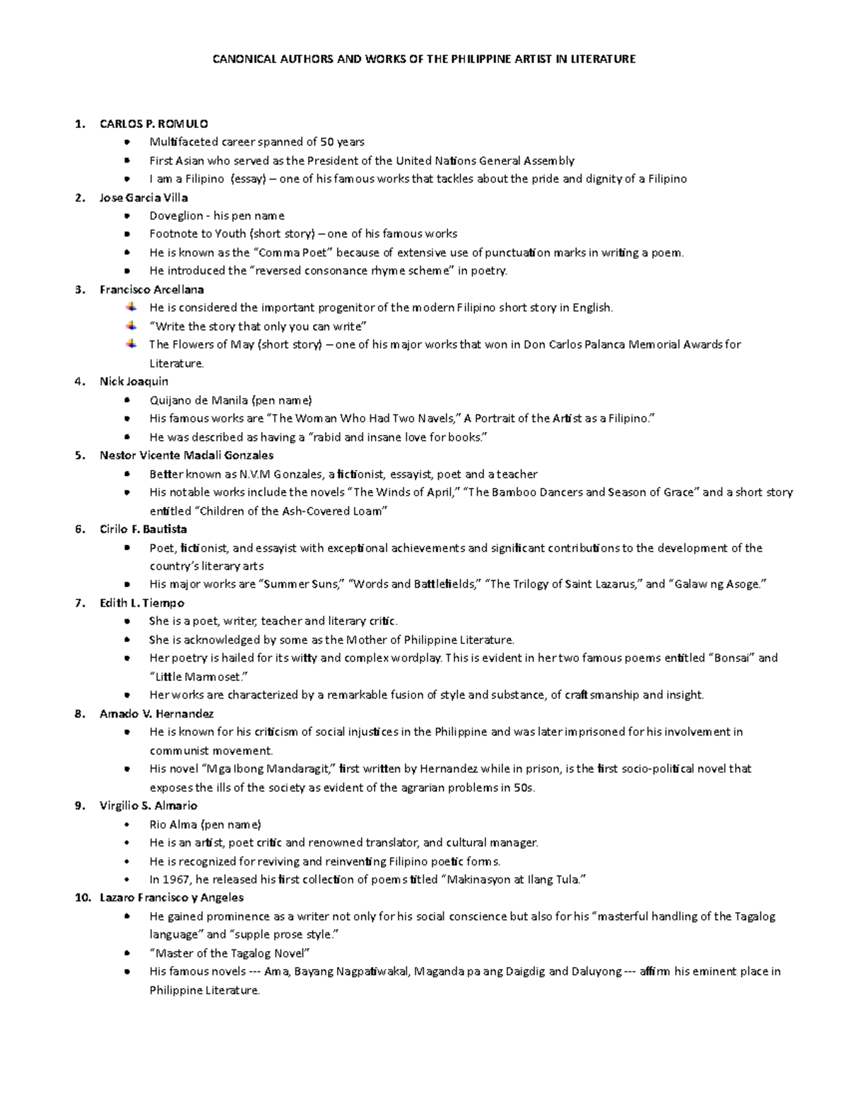 Canonical Authors AND Works OF THE Philippine Artist IN Literature ...