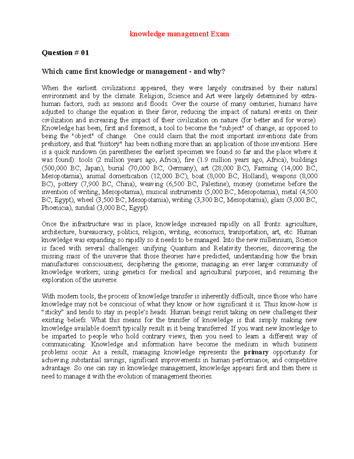Knowledge Management Exam - knowledge management Exam Question # 01 ...