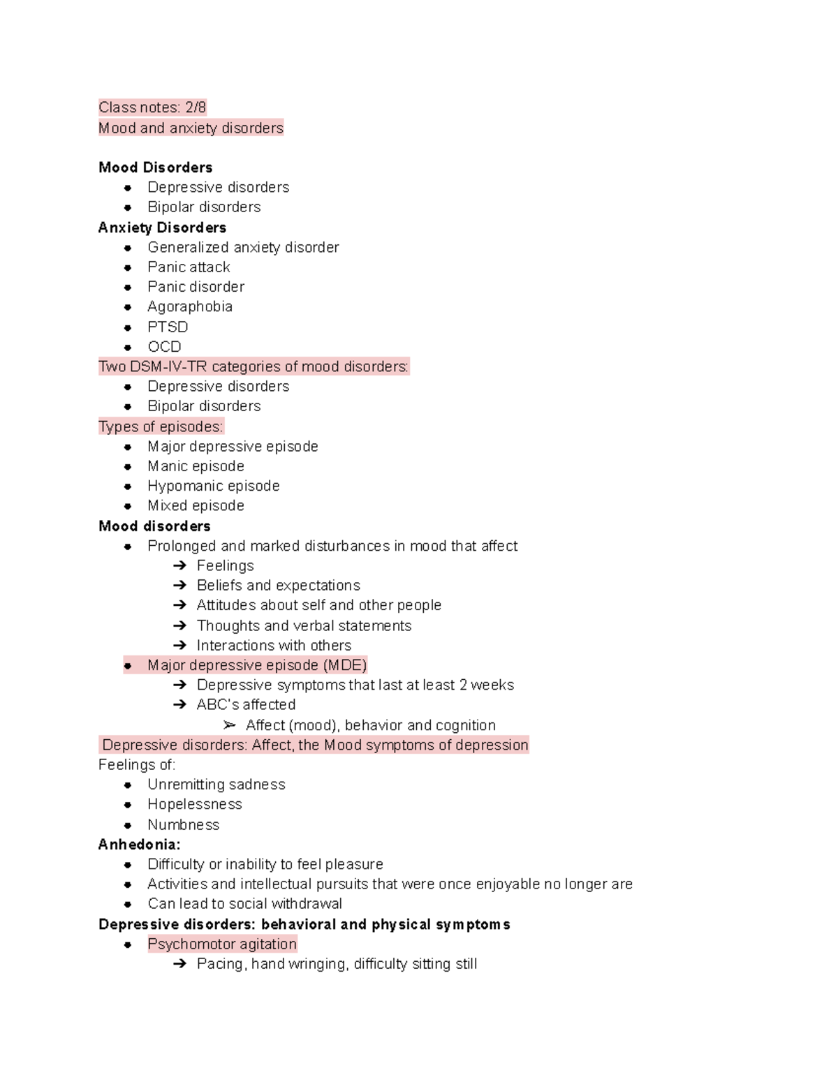 SP23 Psych 345 01 KJ - Class notes: 2/ Mood and anxiety disorders Mood ...