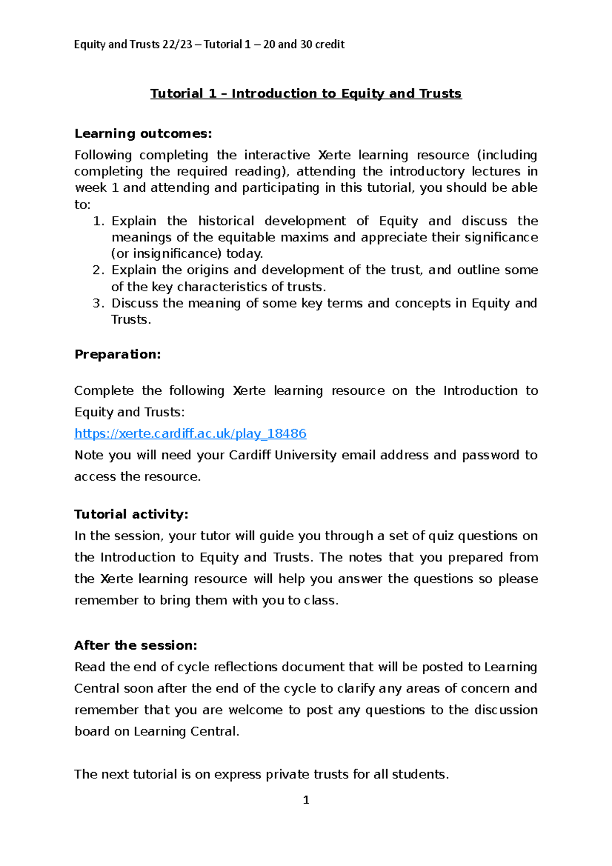Tutorial 1 - worksheet - Tutorial 1 – Introduction to Equity and Trusts Learning outcomes ...