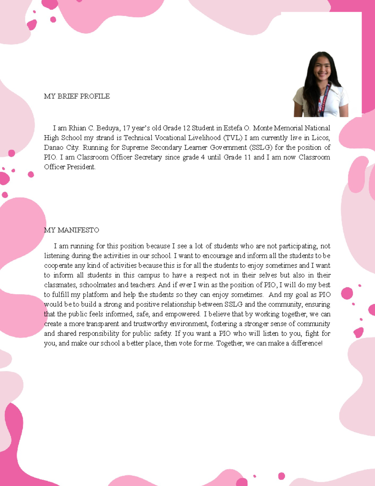 Beduya, Rhian - PIO Manifesto - MY BRIEF PROFILE I am Rhian C. Beduya ...