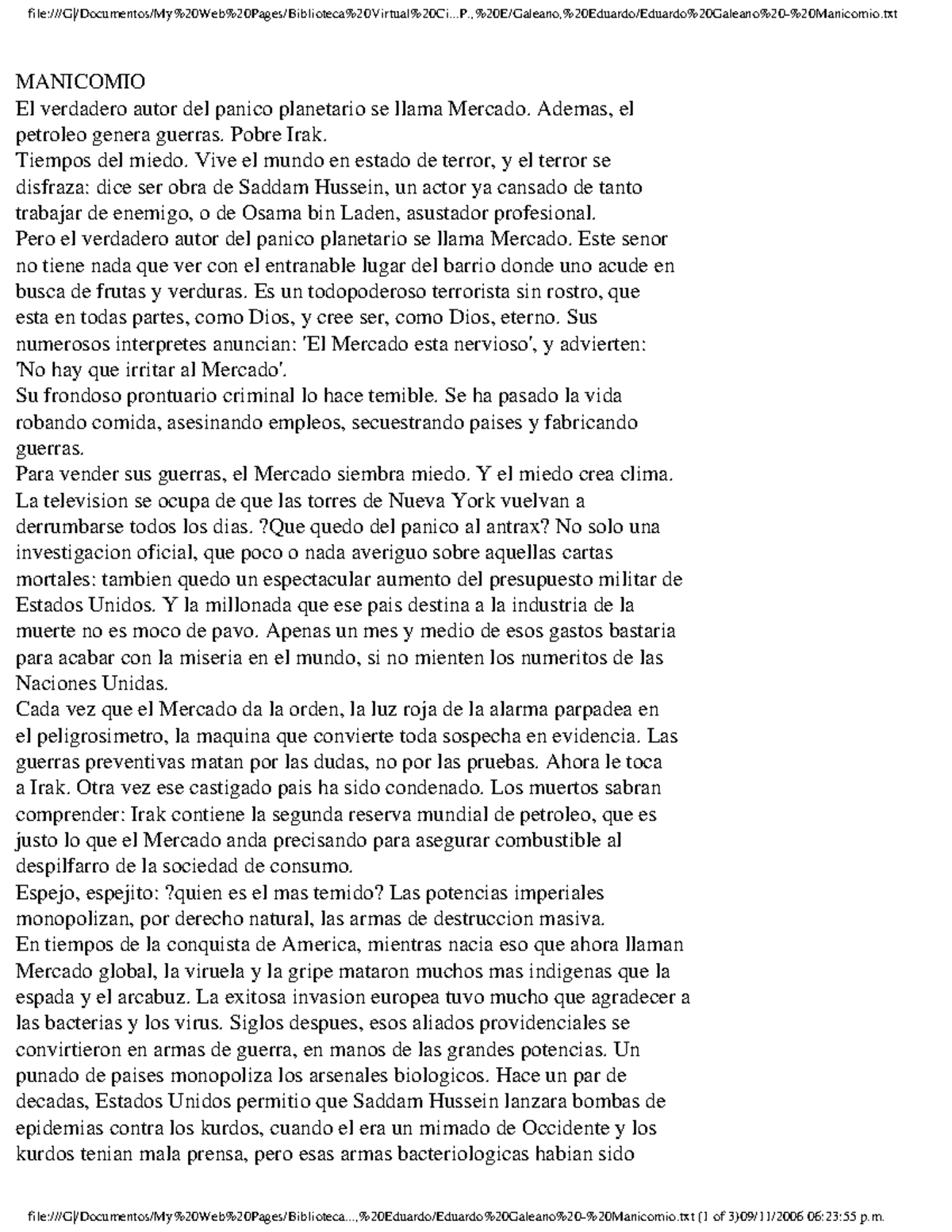 Eduardo Galeano - Manicomio - - Studocu