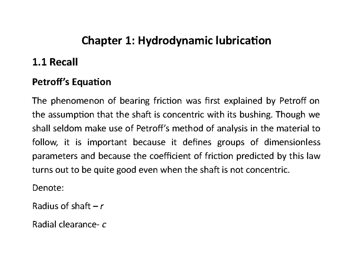 Hydrodynamic lubrication - Though we shall seldom make use of Petroff’s ...