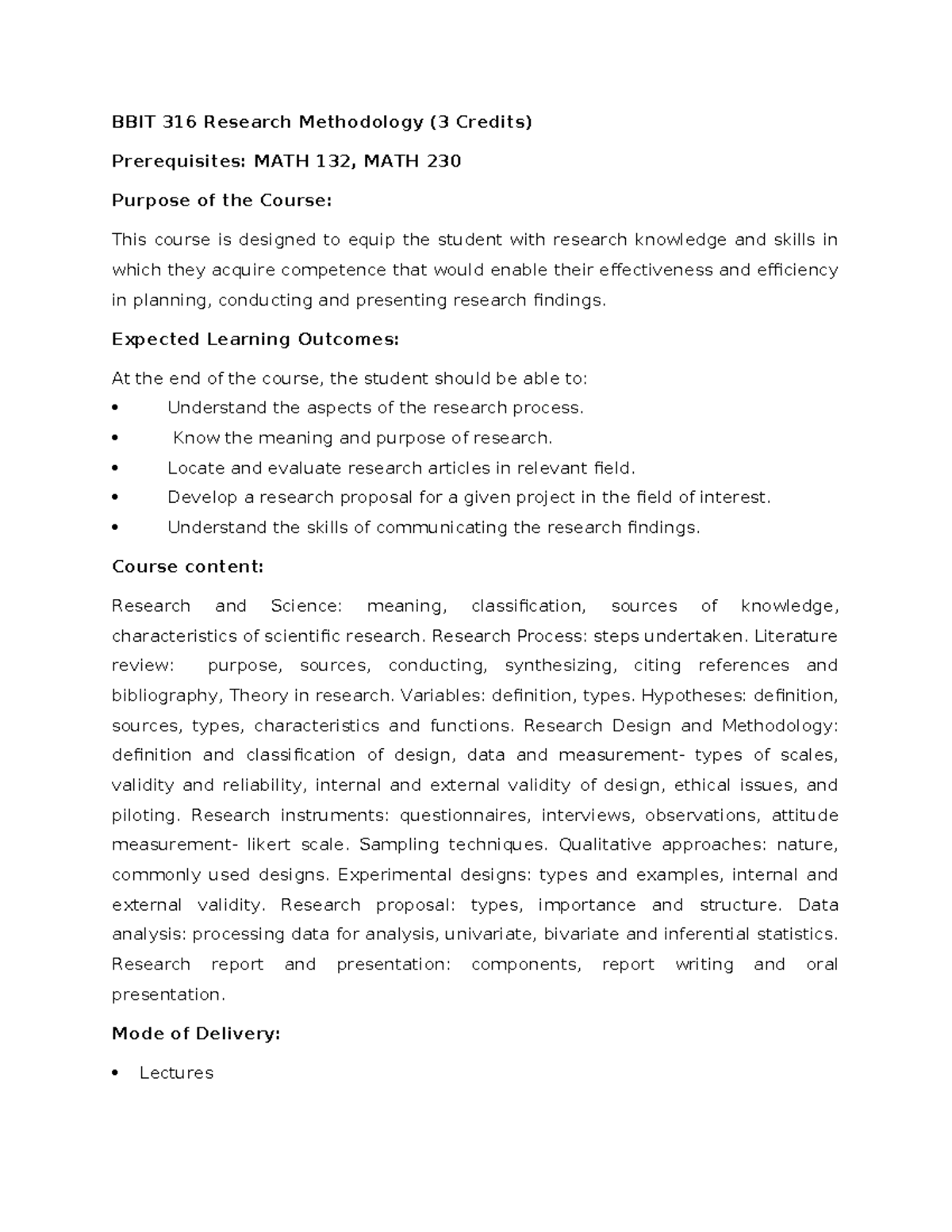 BBIT 316 Research Methodology - Expected Learning Outcomes: At the end ...