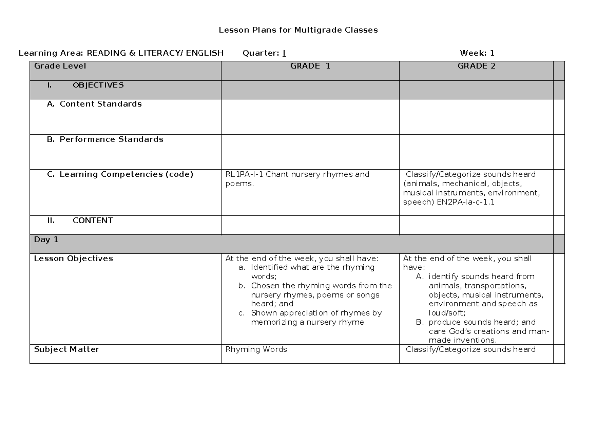 Multigrade lesson plan- Reading & Literacy - Lesson Plans for ...