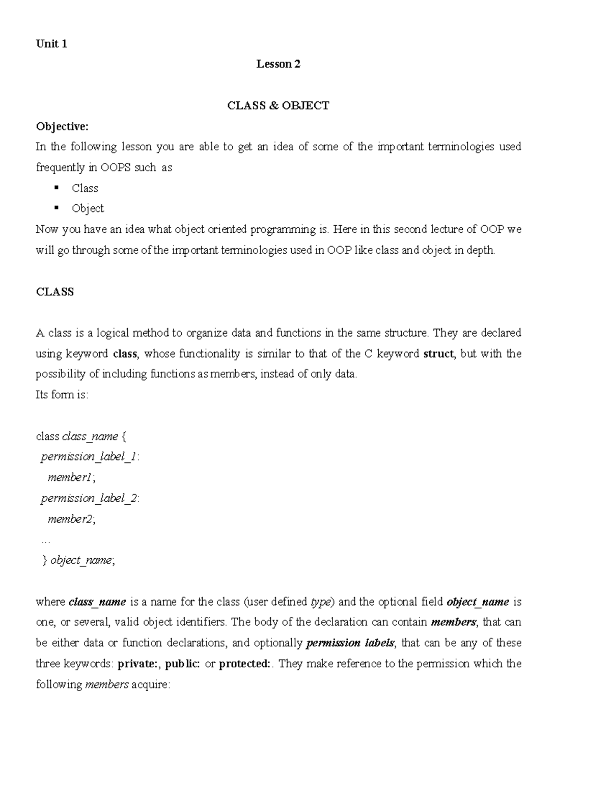 Lecture-02 - lecture-02.pdf - Unit 1 Lesson 2 CLASS & OBJECT Objective ...
