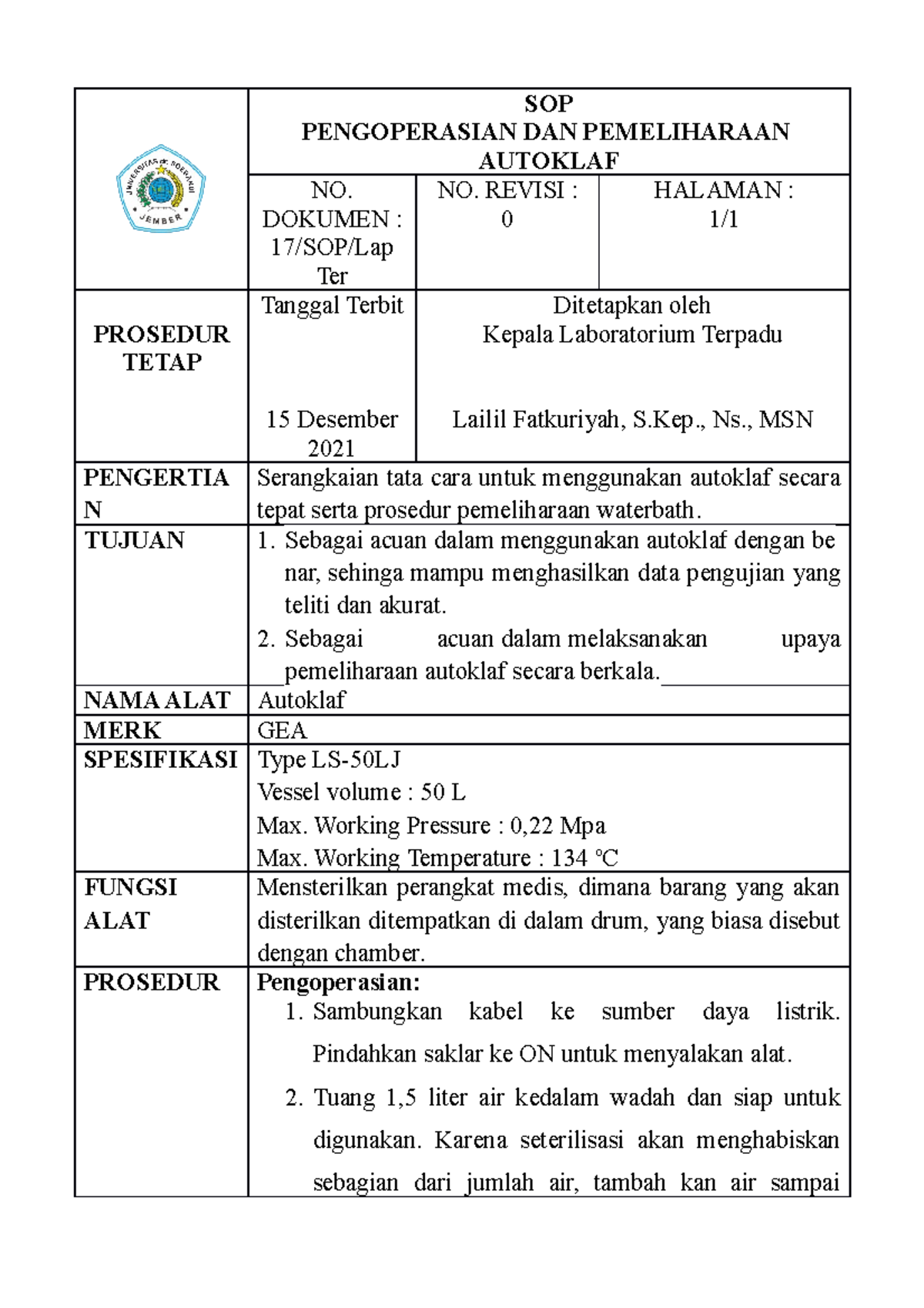 Autoklaf 17 - SOP PENGOPERASIAN DAN PEMELIHARAAN AUTOKLAF NO. DOKUMEN ...
