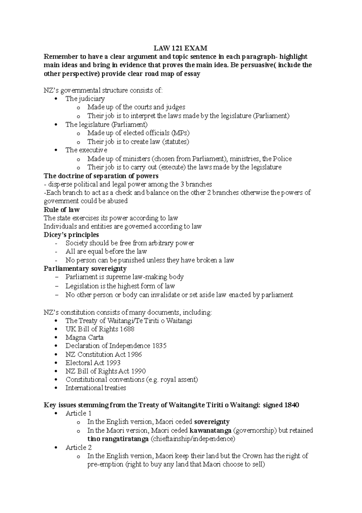 LAW 121 EXAM Notes final - LAW 121 EXAM Remember to have a clear ...
