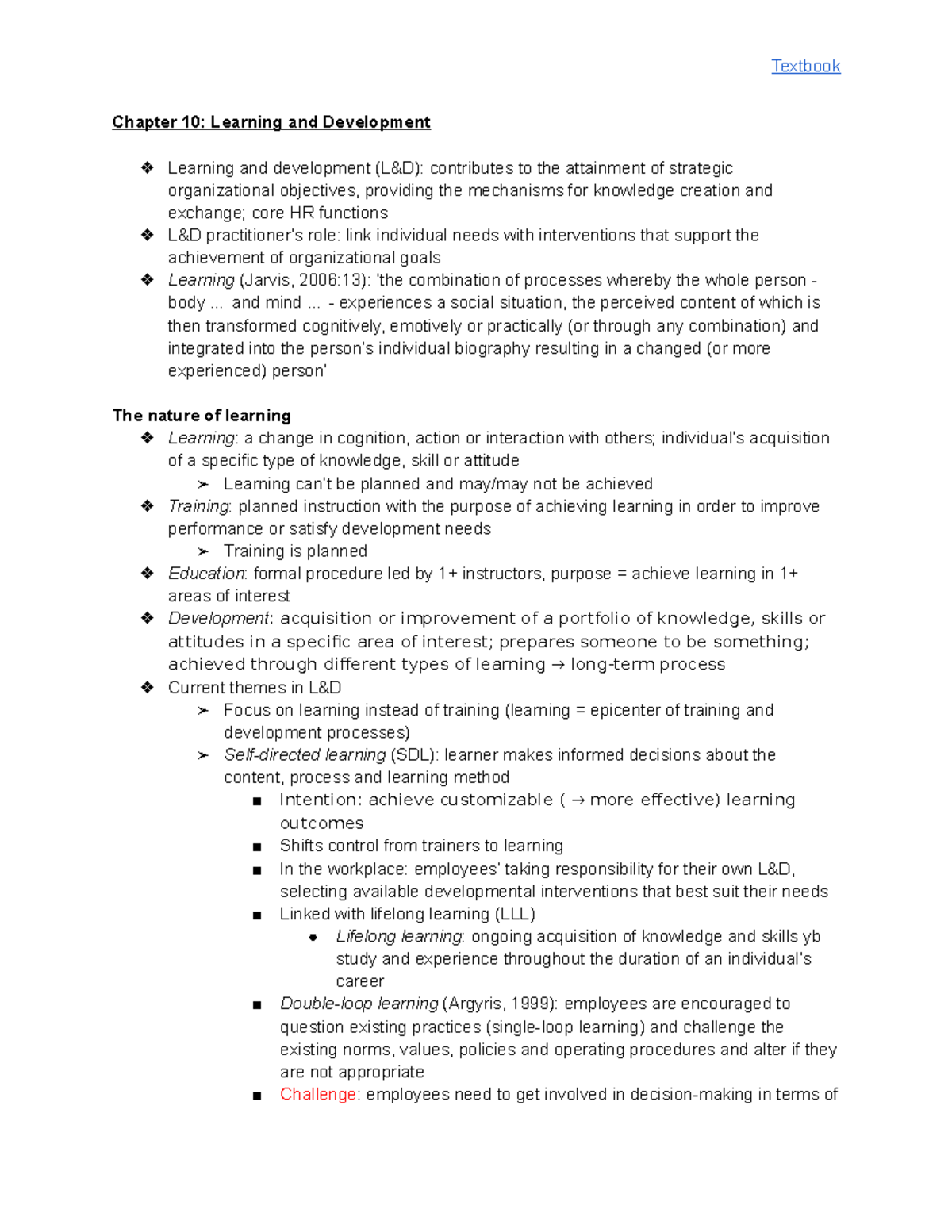 1. Textbook reading ch 10 Learning and Development - Chapter 10 ...
