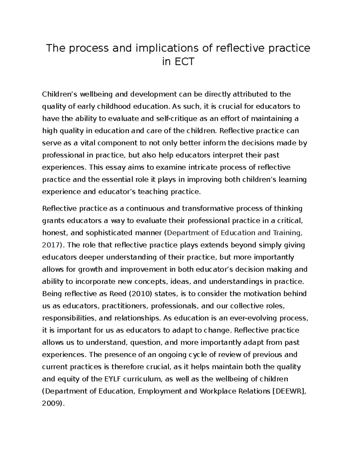 Reflective Practice - Assessment 2: Analysing Early Childhood ...
