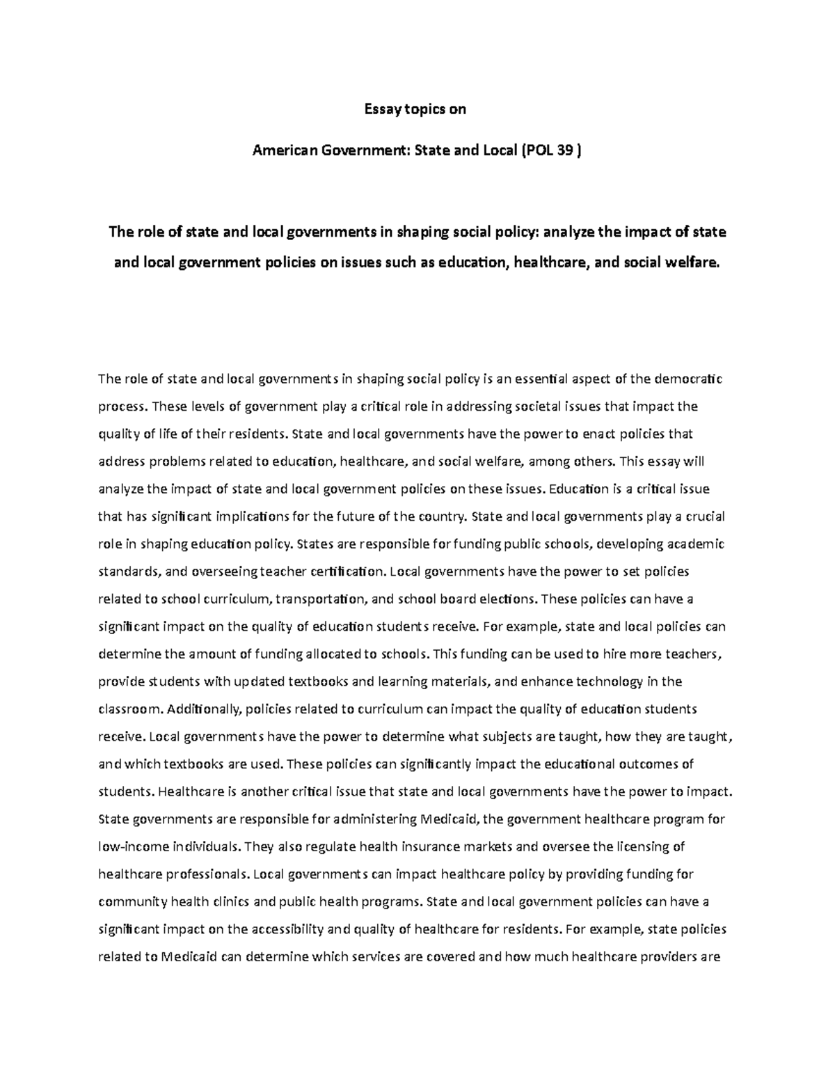 State and Local Governments in Shaped Social Policies - Essay topics on ...