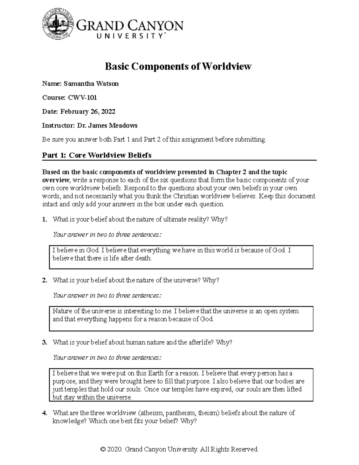CWV 101 301 RS T1Basic Components Of Worldview - Basic Components of Worldview Name: Samantha ...