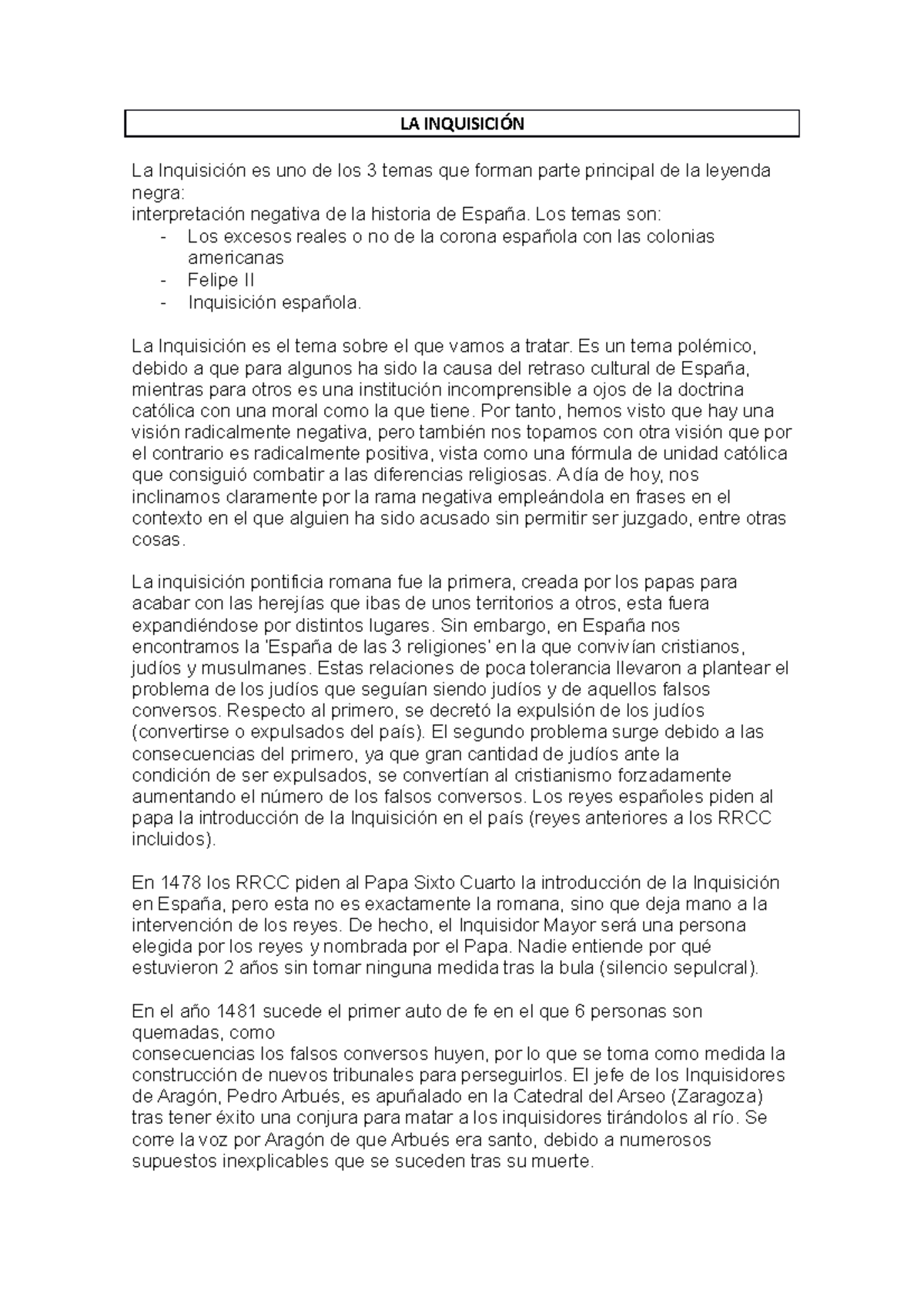 Examen Historia - LA INQUISICIÓN La Inquisición es uno de los 3 temas ...