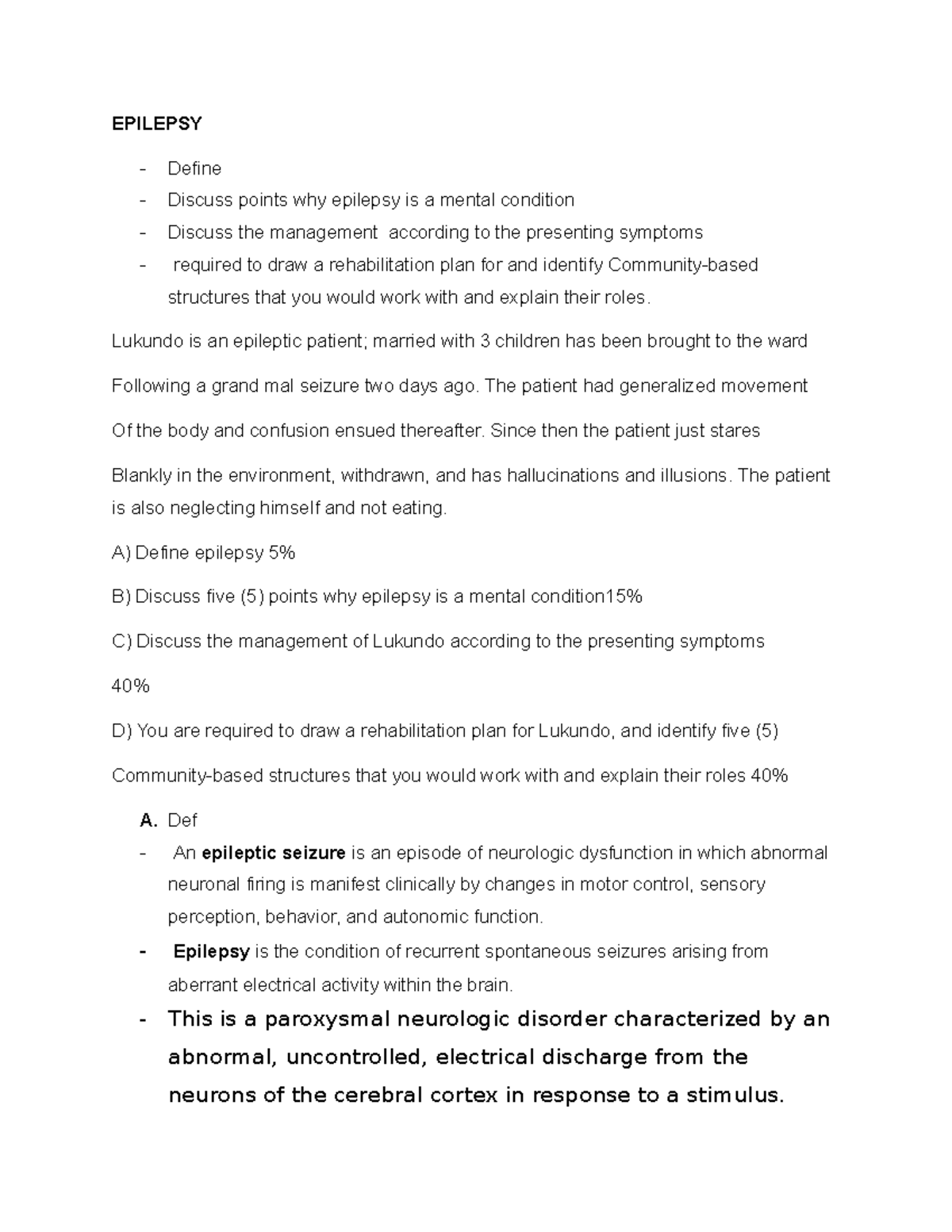 Epileptic patient - study - EPILEPSY Define Discuss points why epilepsy ...