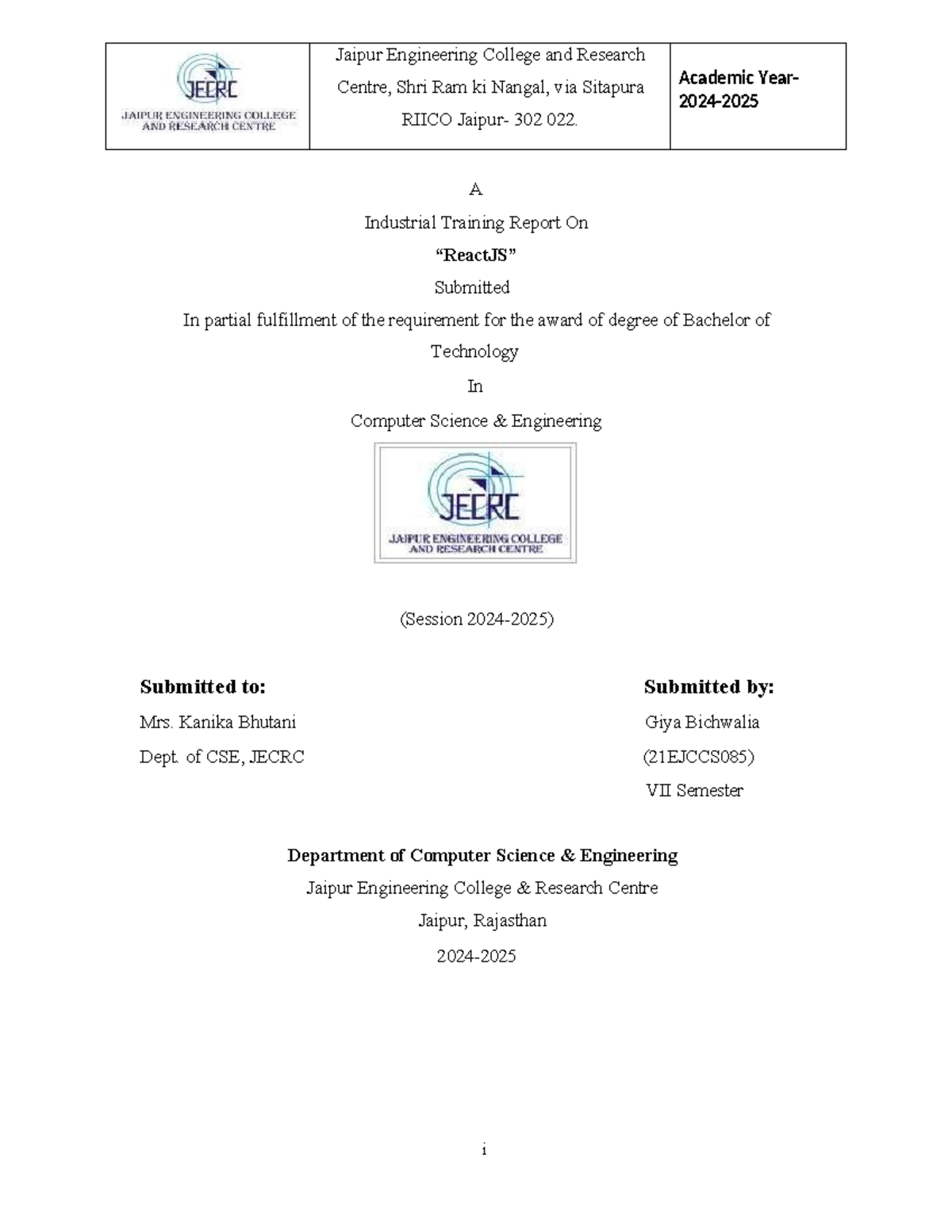 Garvit Agrawal IT Report - Centre, Shri Ram ki Nangal, via Sitapura RIICO Jaipur- 302 022 ...