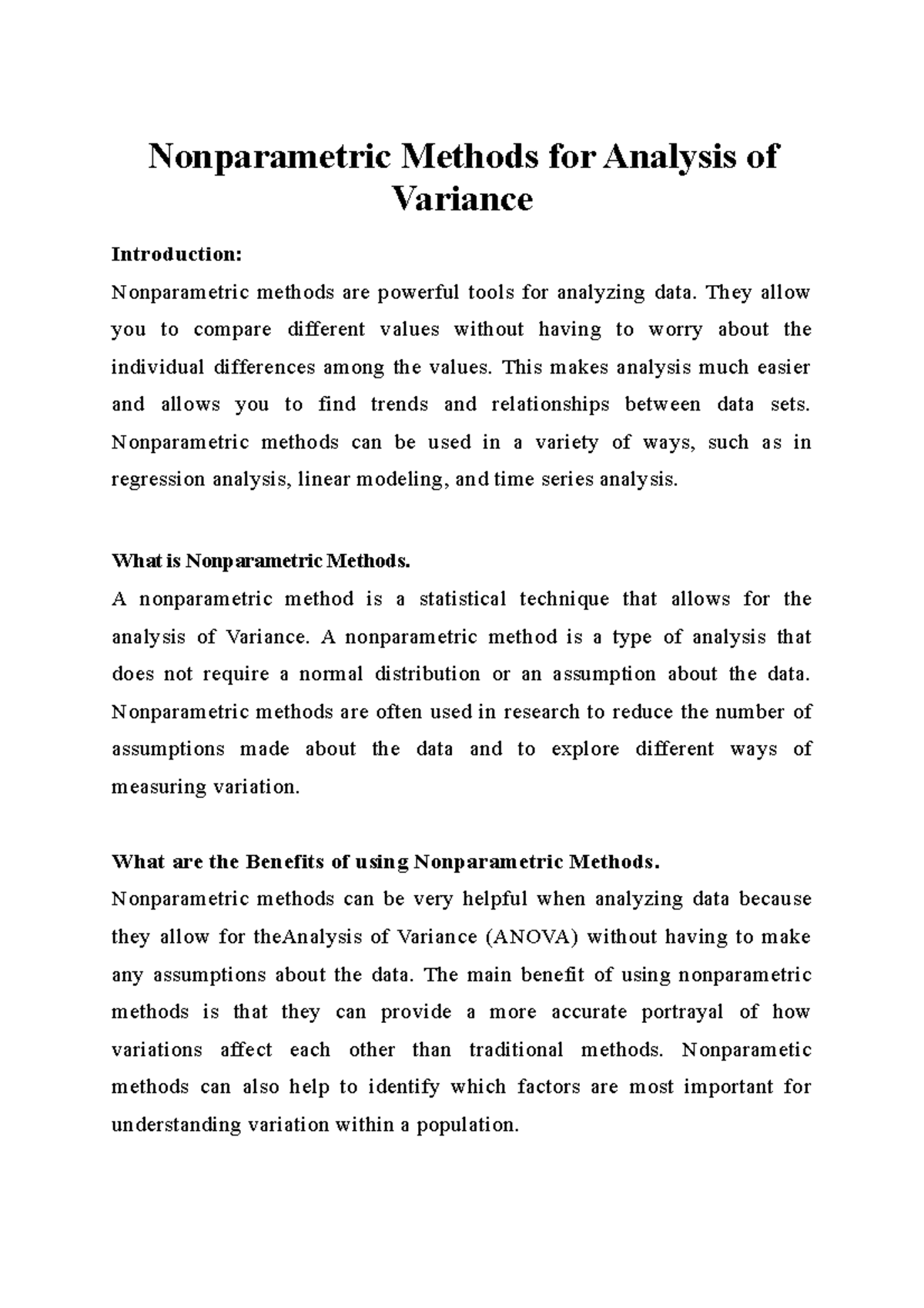 Nonparametric Methods For Analysis Of Variance Nonparametric Methods