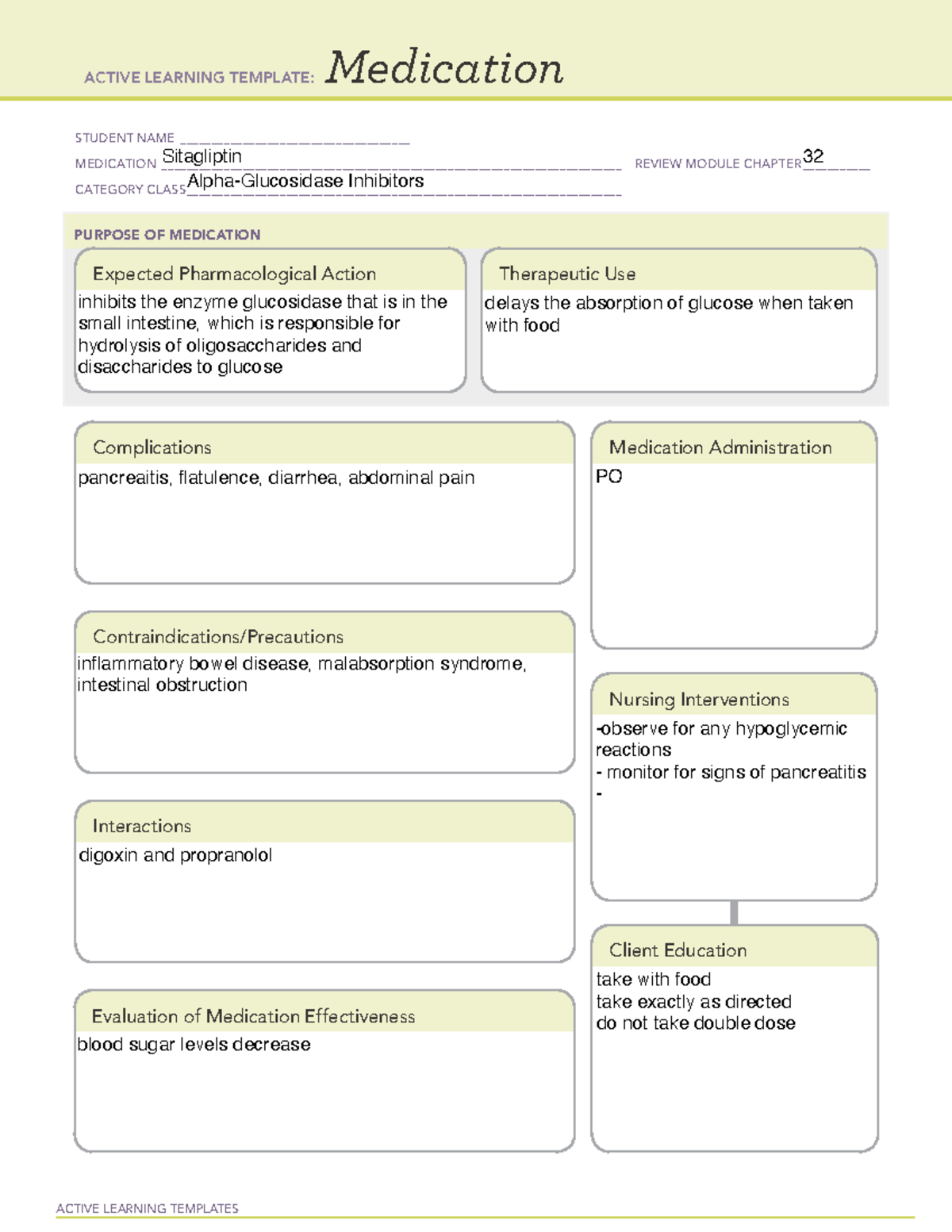Sitagliptin - medication worksheet - ACTIVE LEARNING TEMPLATES ...