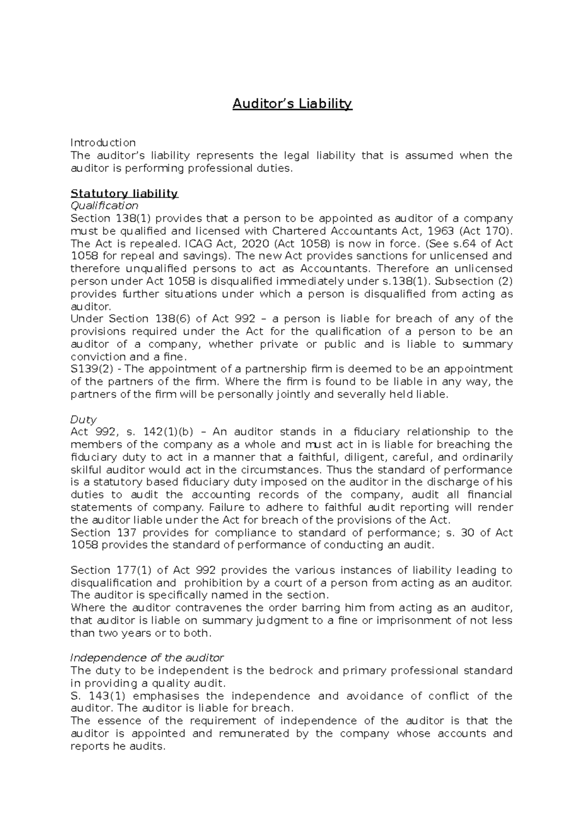 Auditors' liability - Company law notes on the liabilities of an ...