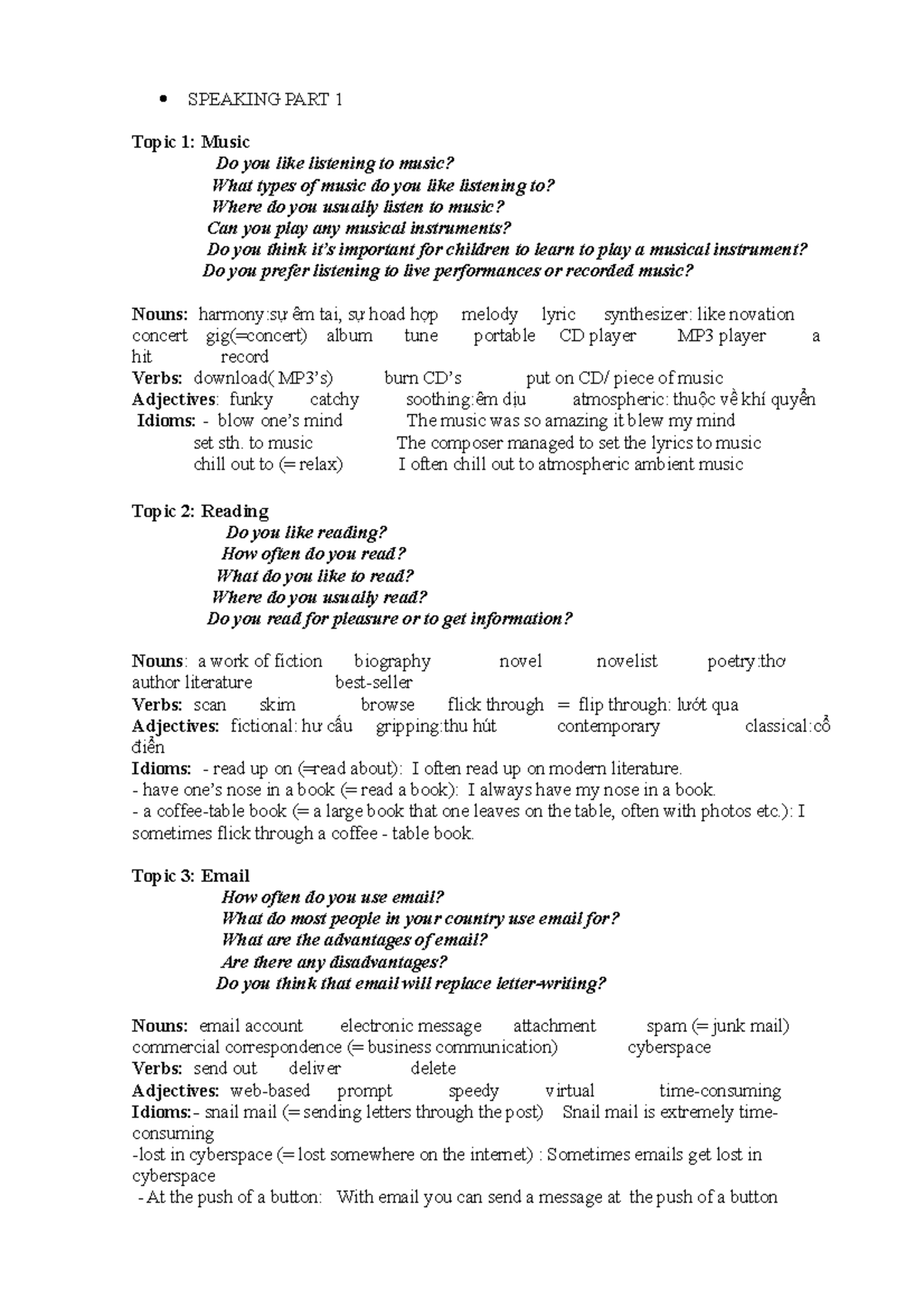 Speaking PART 1 - SPEAKING PART 1 Topic 1: Music Do you like listening ...