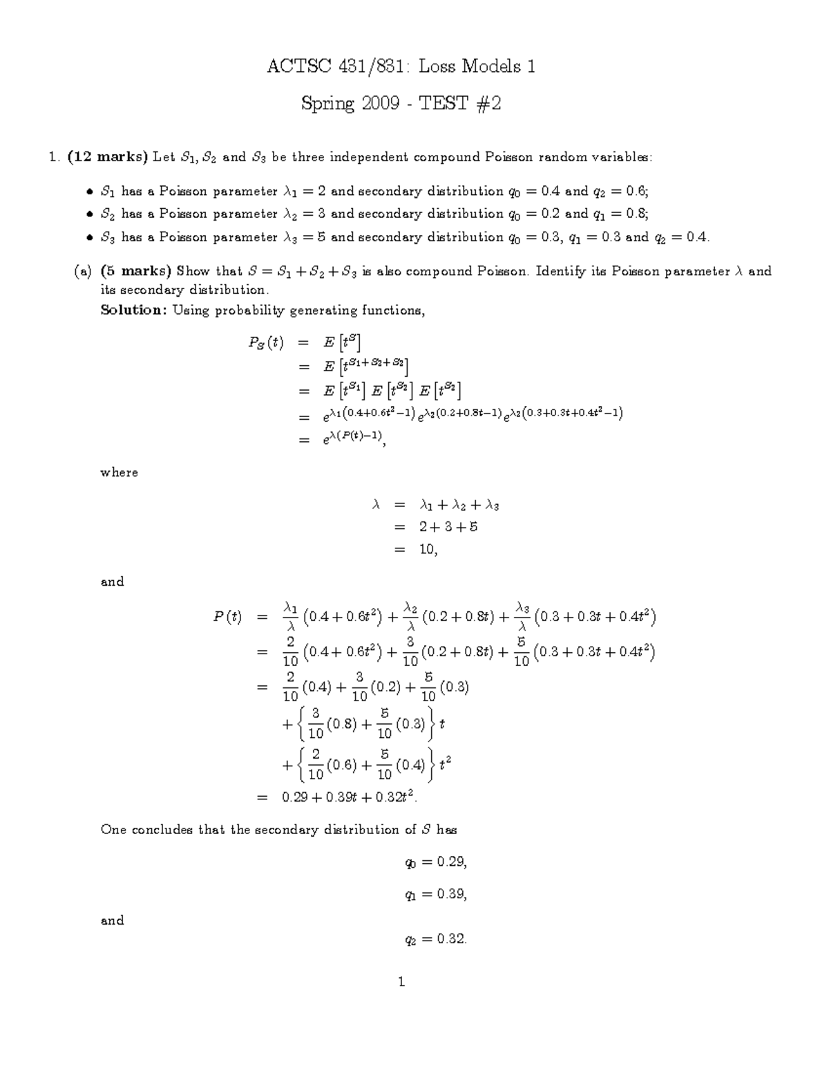 Exam 2009, questions and answers - ACTSC 431/831: Loss Models 1 Spring ...