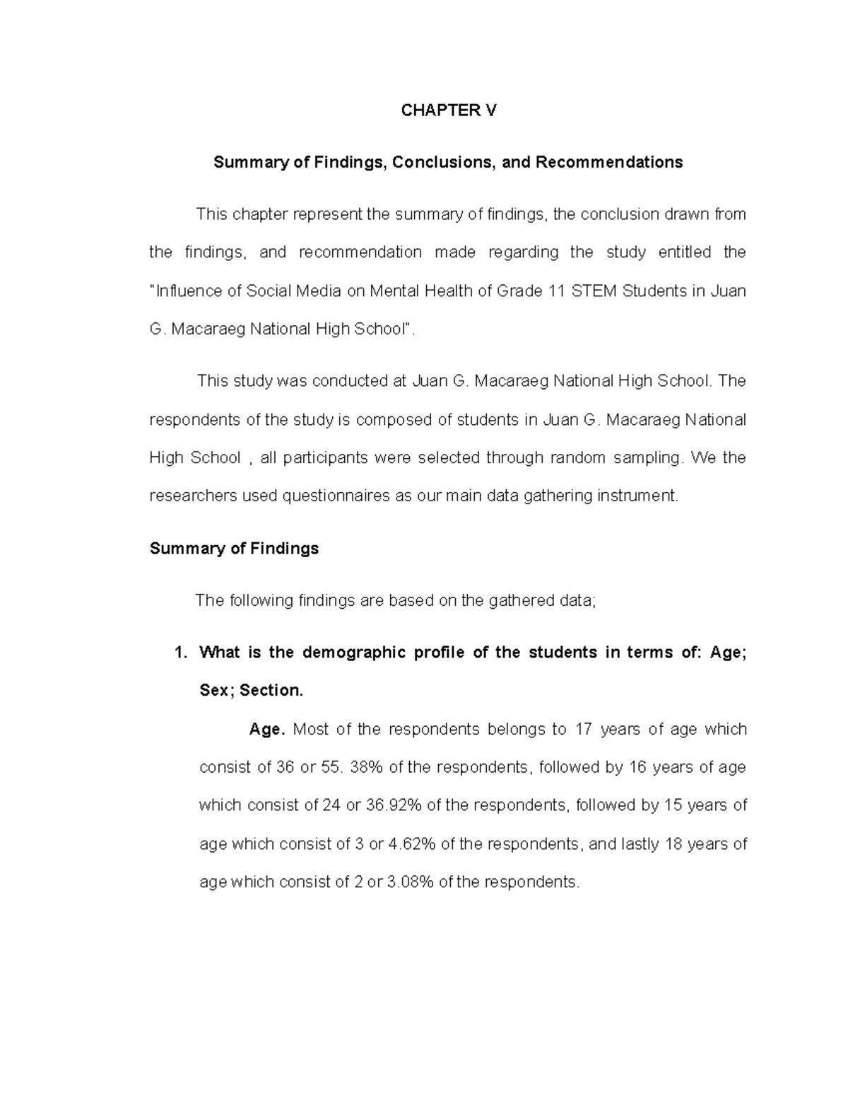 research paper chapter V - CHAPTER V Summary of Findings, Conclusions ...