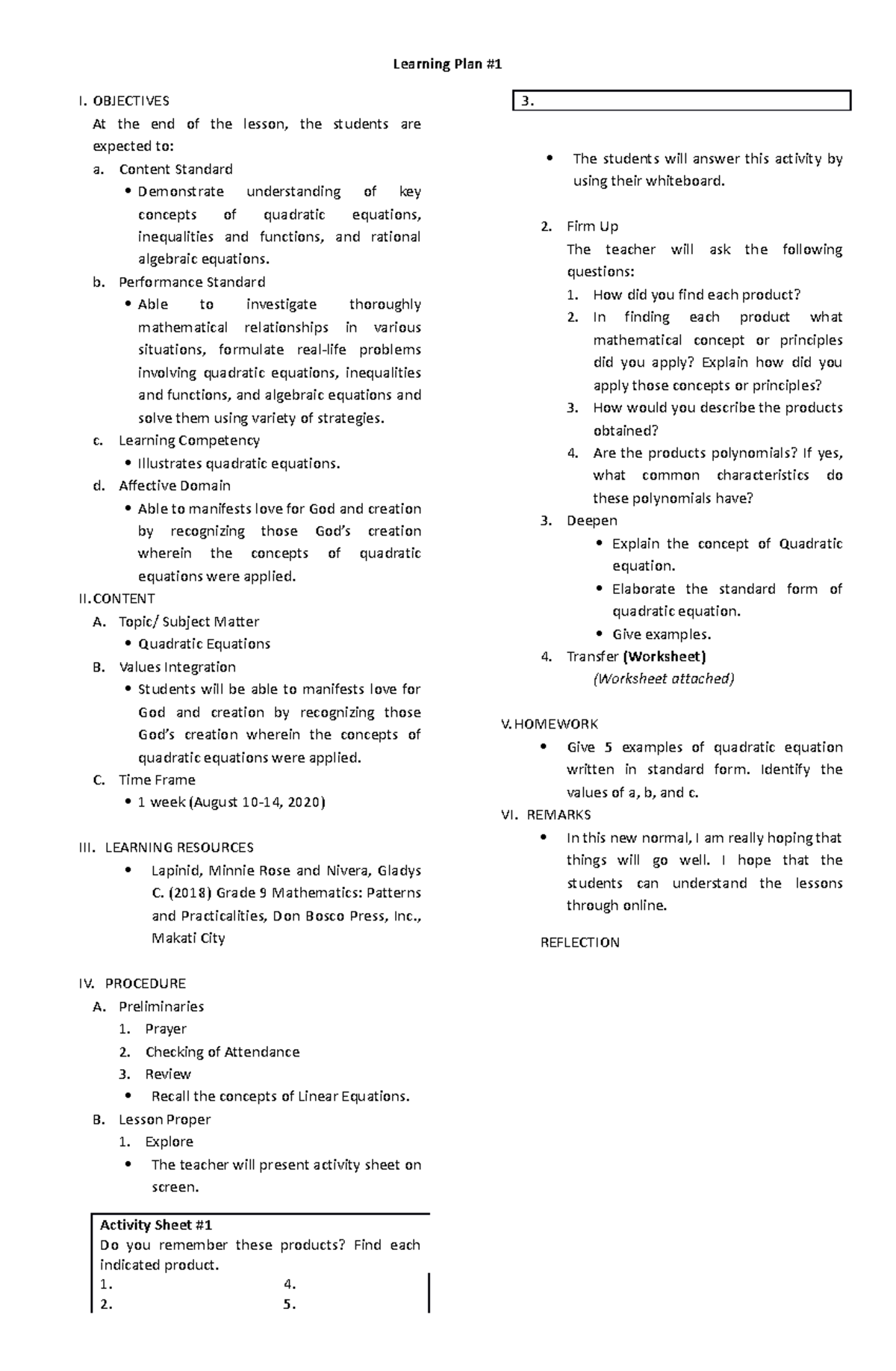 1 - sample activity - Learning Plan # I. OBJECTIVES At the end of the ...