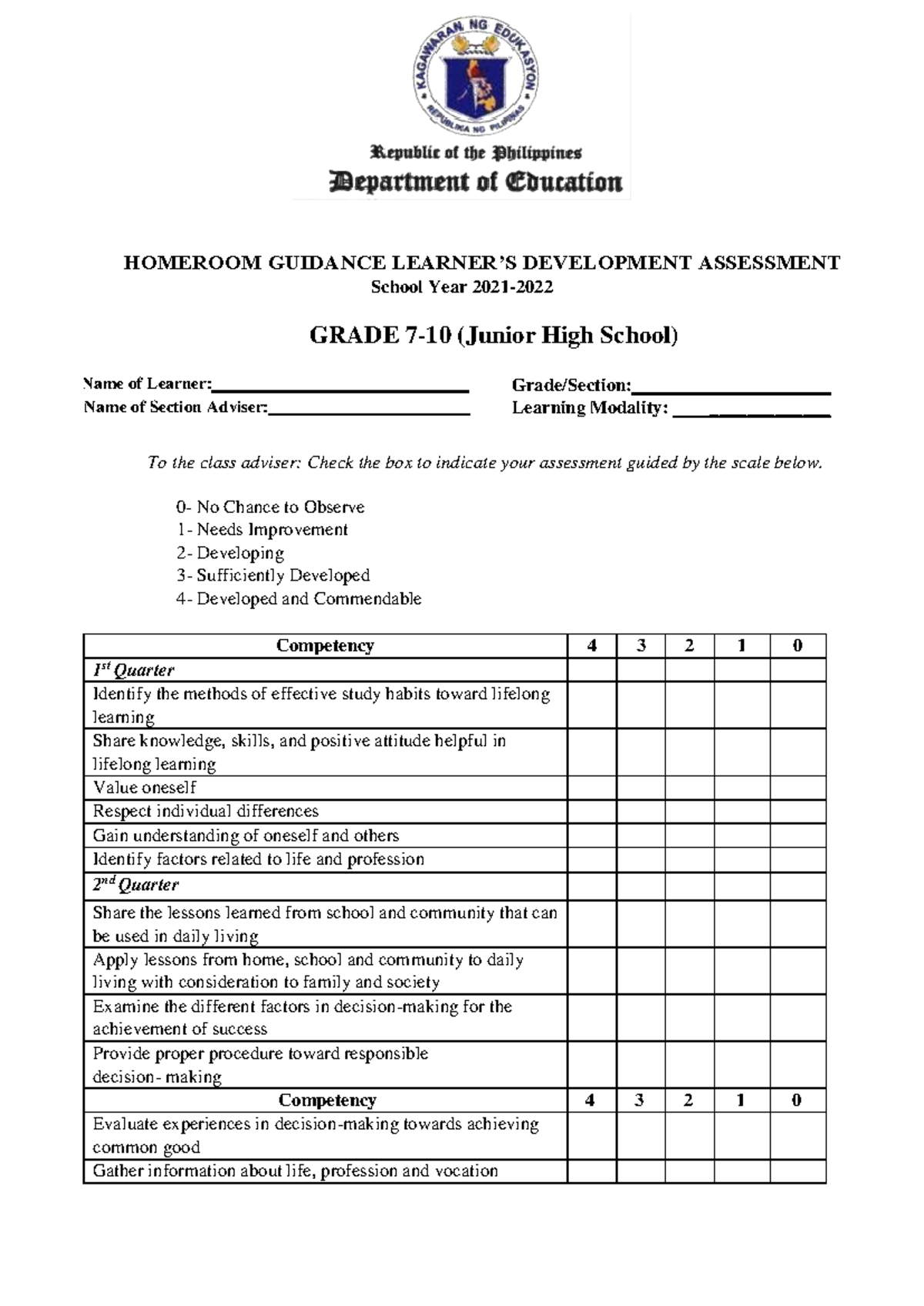 Homeroom Guidance Learner’S Development Assessment (Grades 7-10 ...