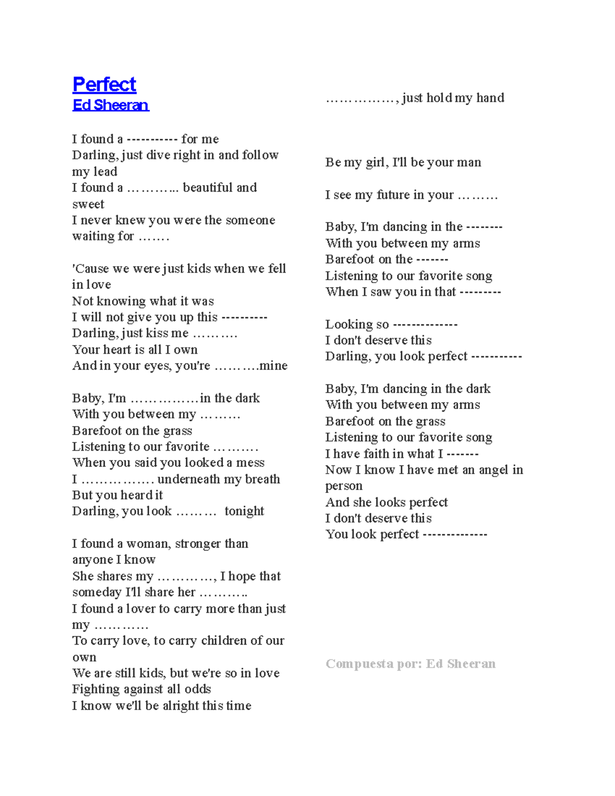 Perfect SONG - practica de estudiantes - Perfect Ed Sheeran I found a ...