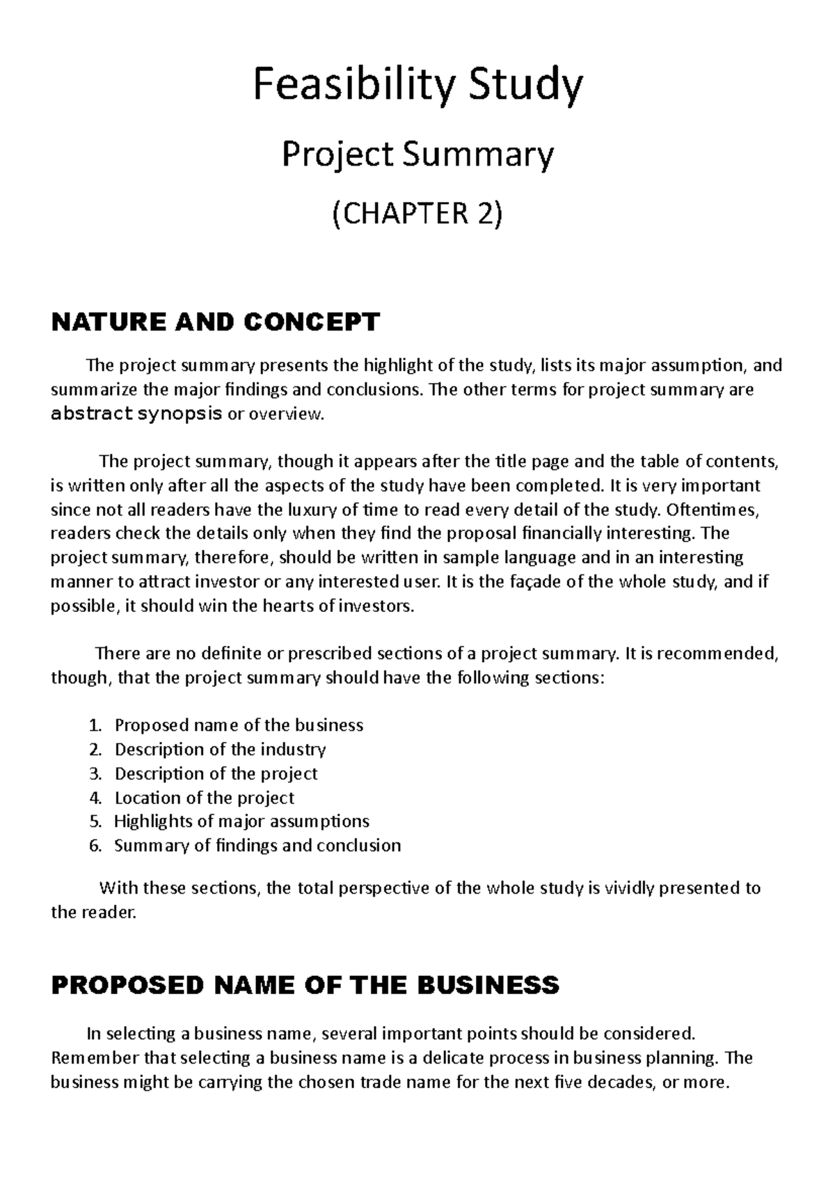 Feasibility Study module 5 - Feasibility Study Project Summary (CHAPTER ...
