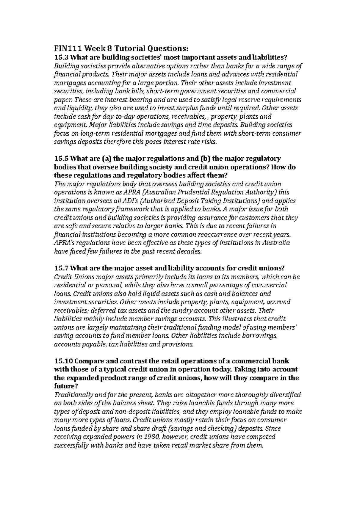 FIN111 Week 8 Tutorial Questions - FIN111 Week 8 Tutorial Questions: 15 ...
